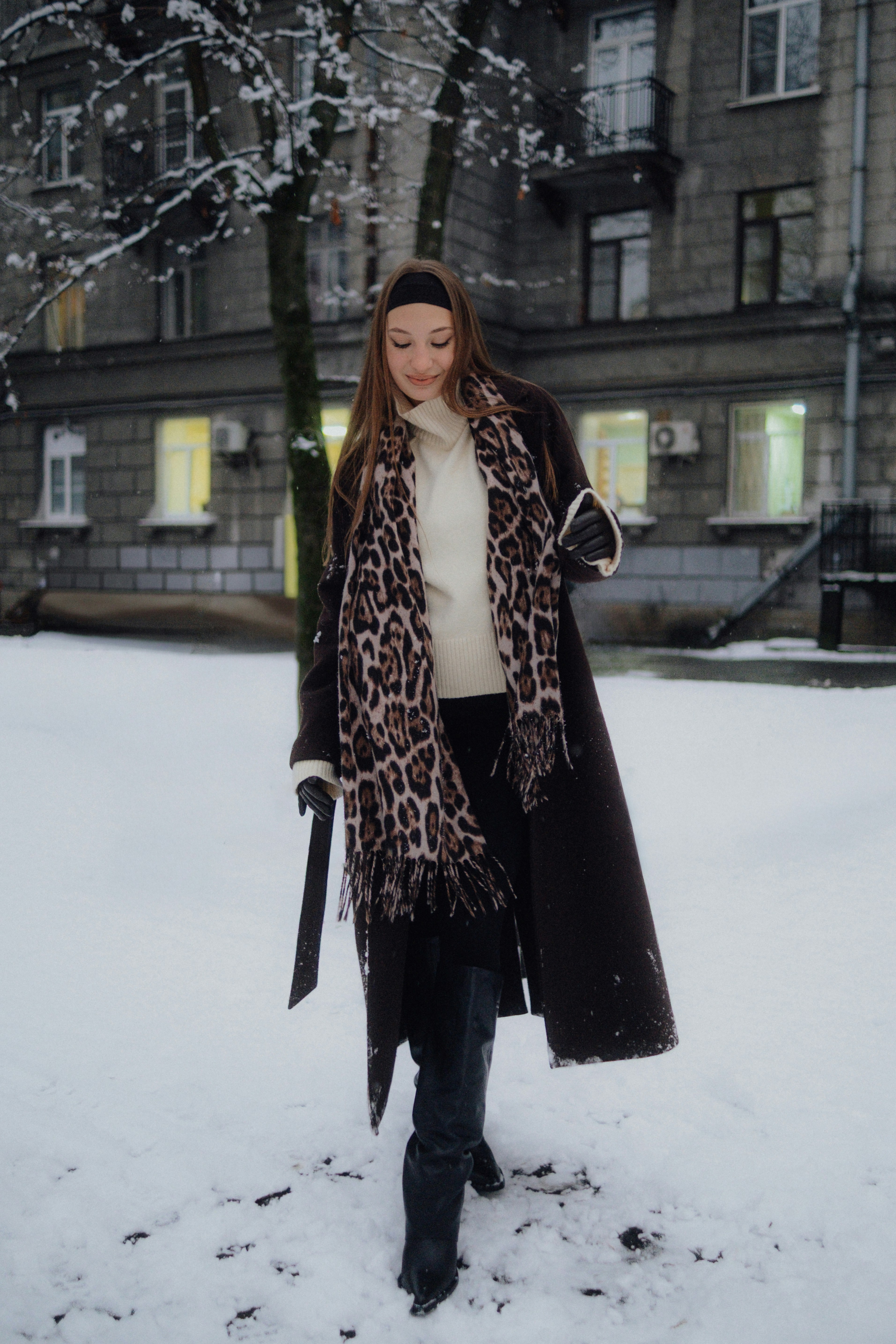 Winter Street Portrait: Leopard Scarf, Soft Smile