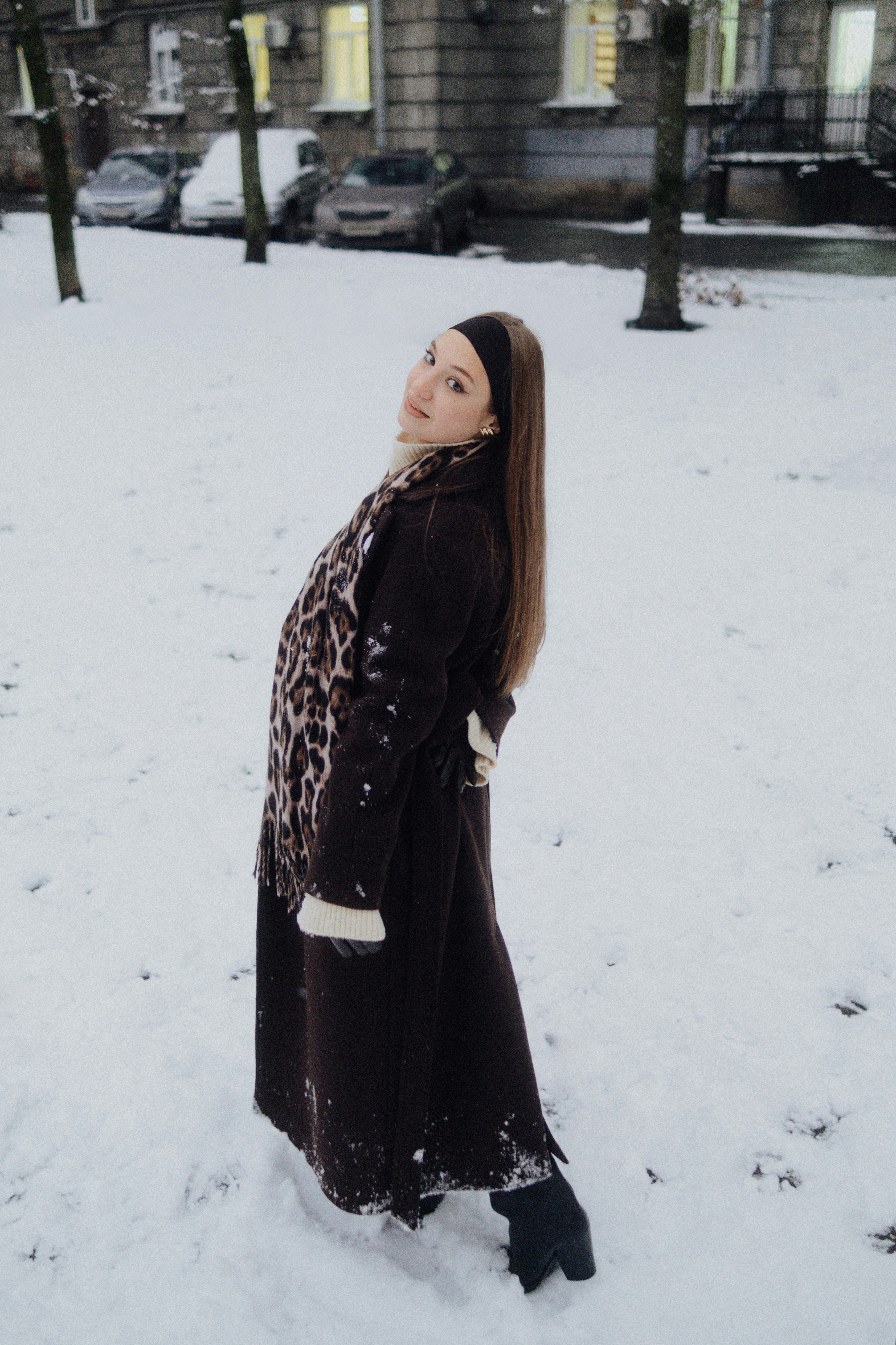 Winter Portrait with Leopard scarf in Snow