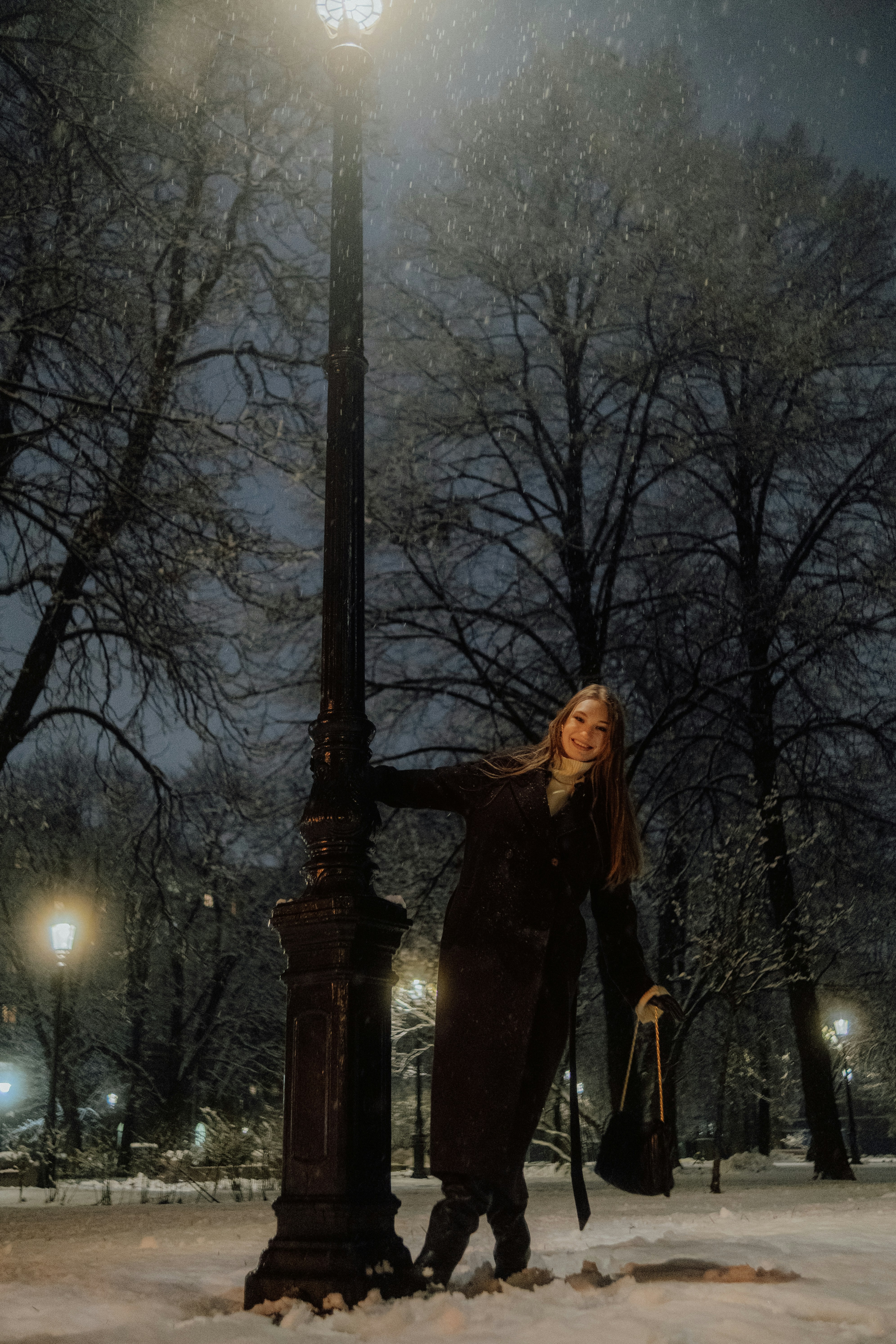 Night Snow in the Park: A Smile by the Lantern