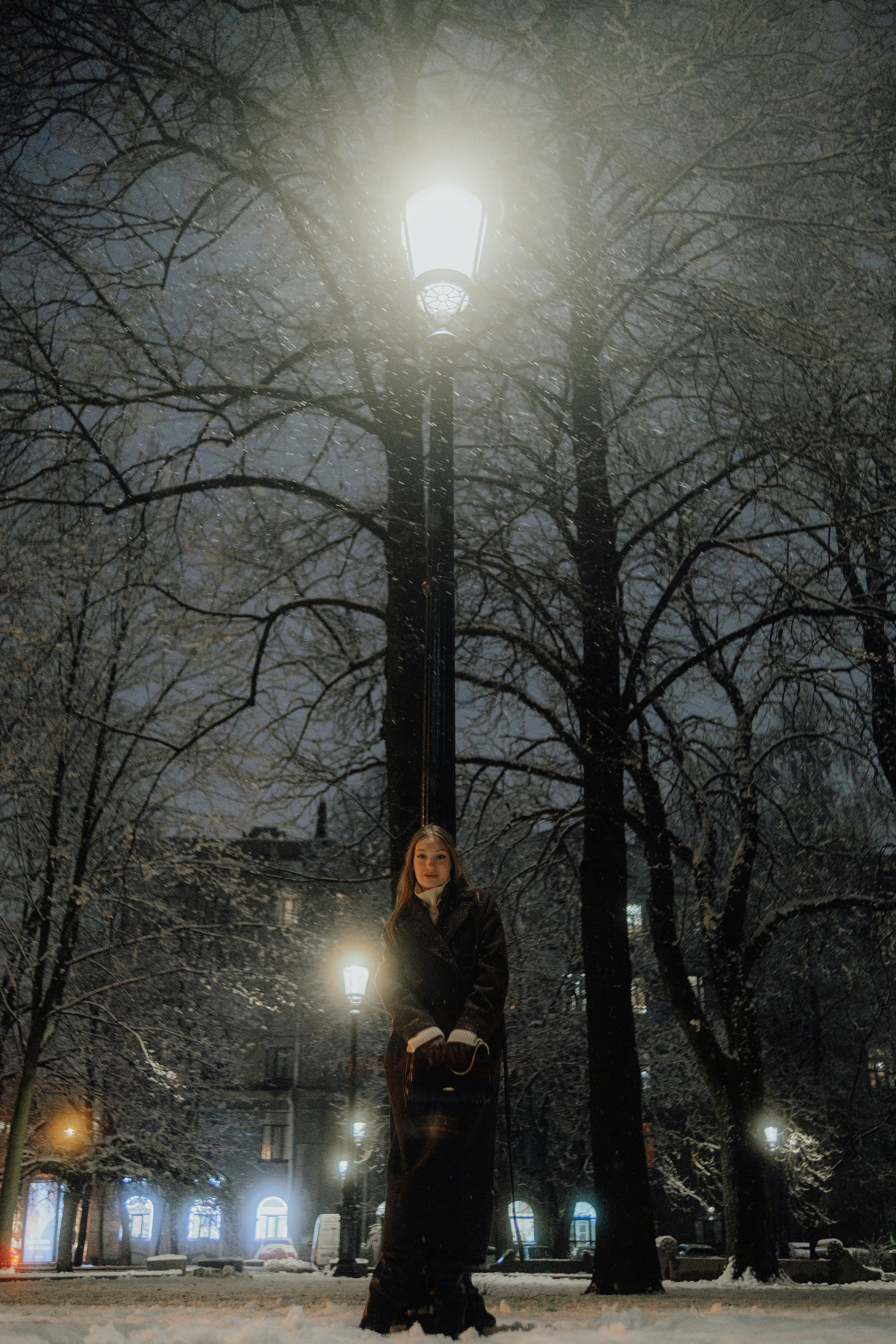 Streetlight Reverie: A Night Portrait Beneath Falling Snow