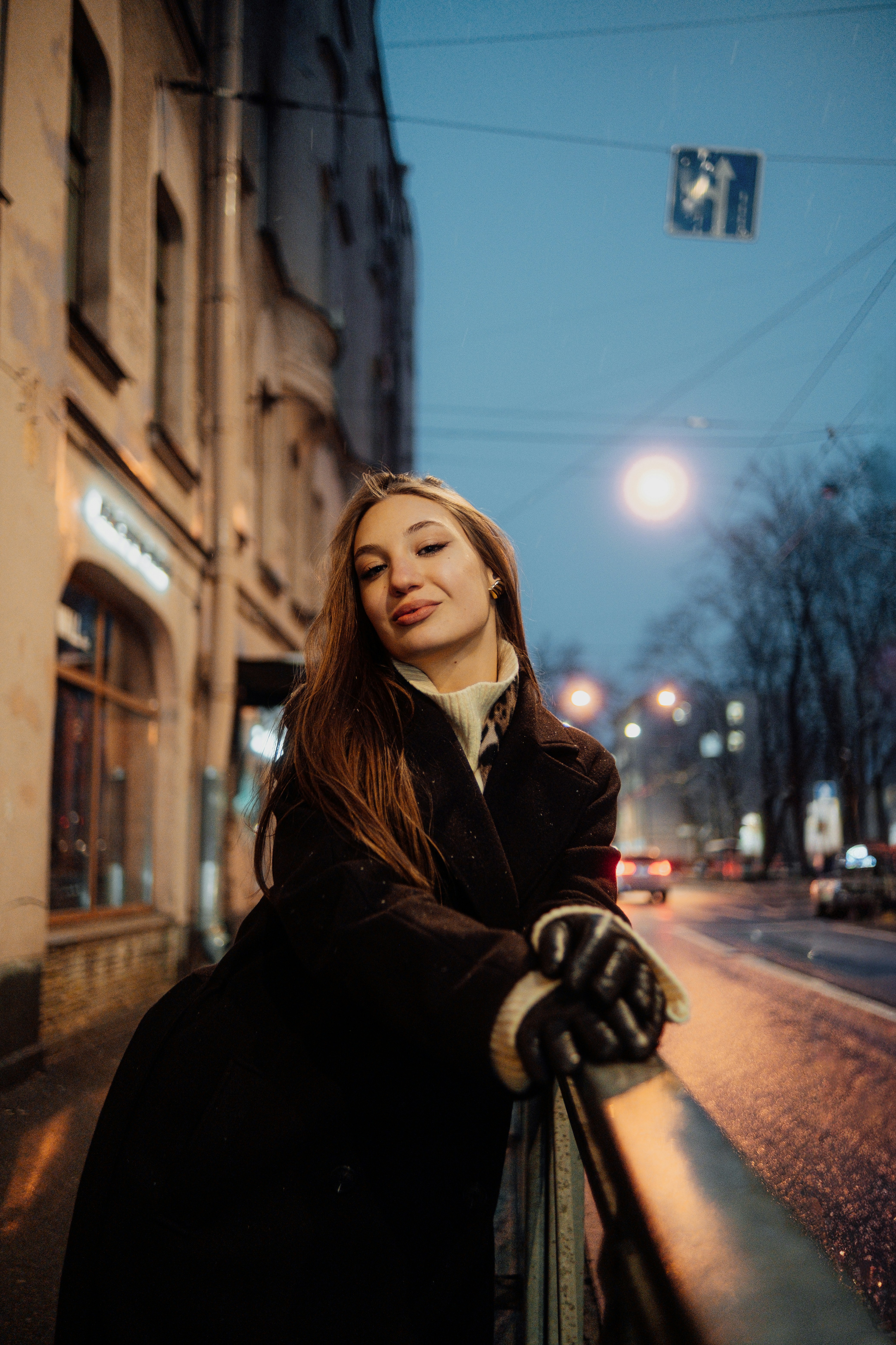 City Night Portrait: Leaning into Warm Street Light and Velvet Coat