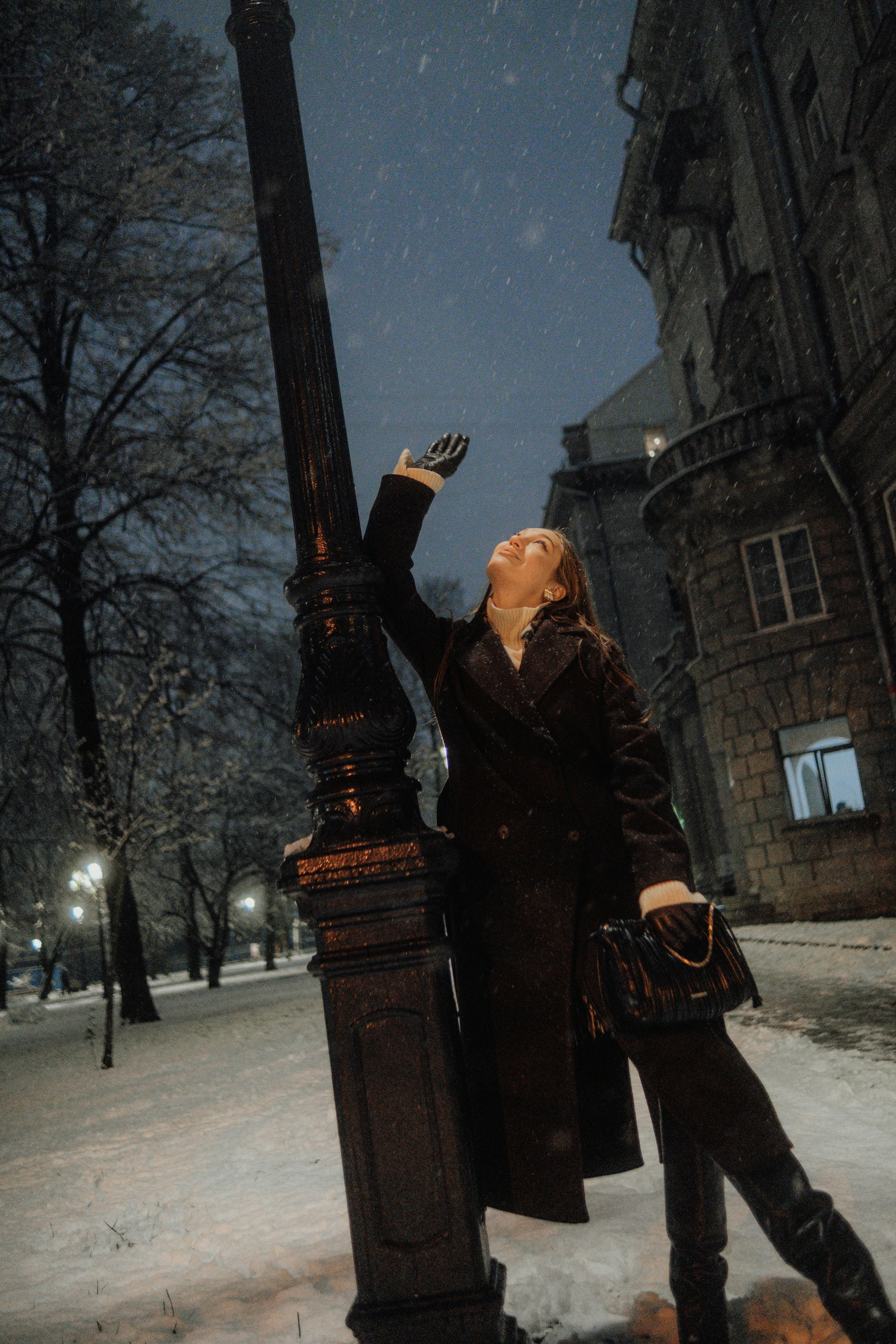 Against the Night Snow: A Woman Reaches for the Streetlight in a Snowfall