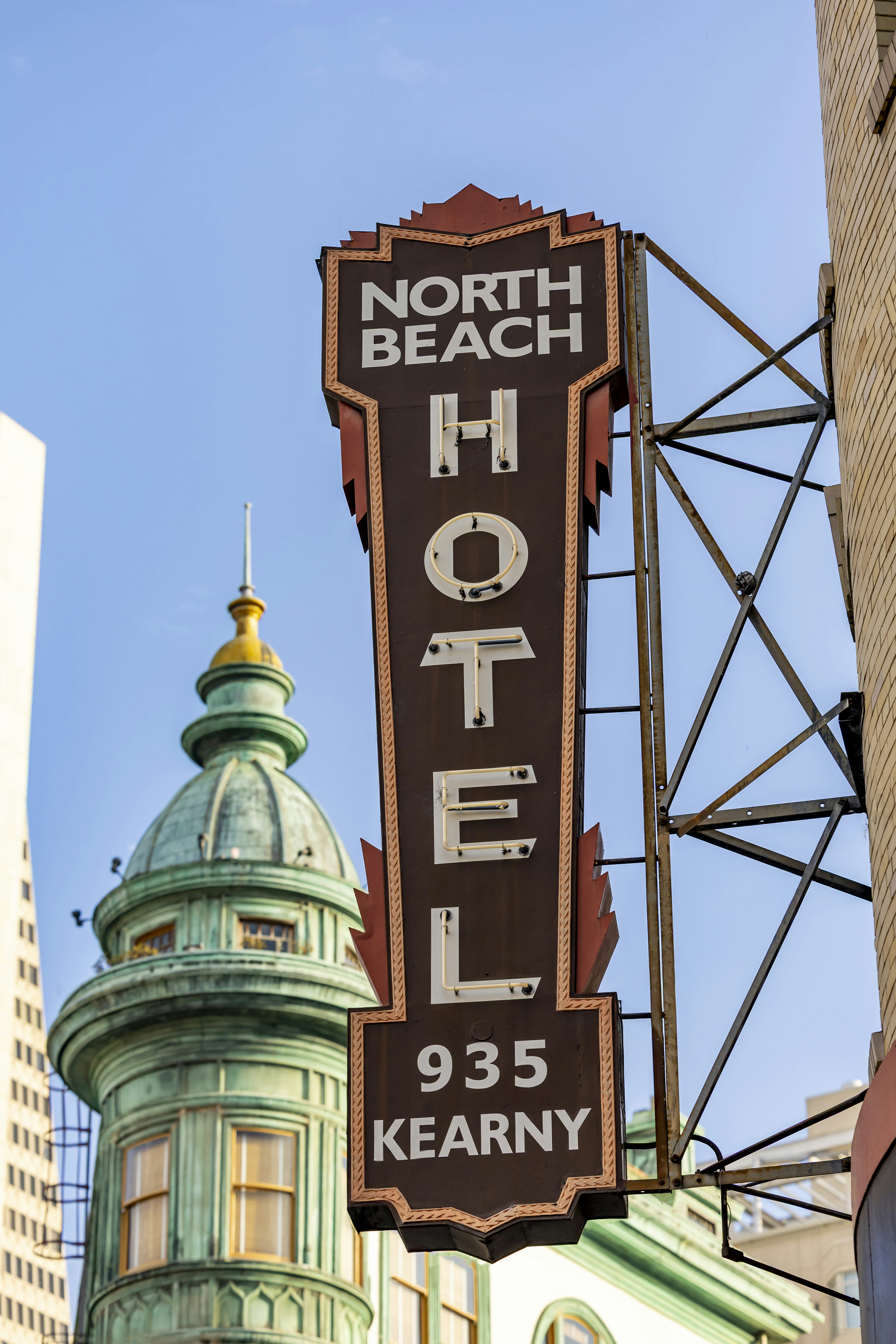 North Beach Motel Sign: Neon Letters Soar Above a turquoise dome