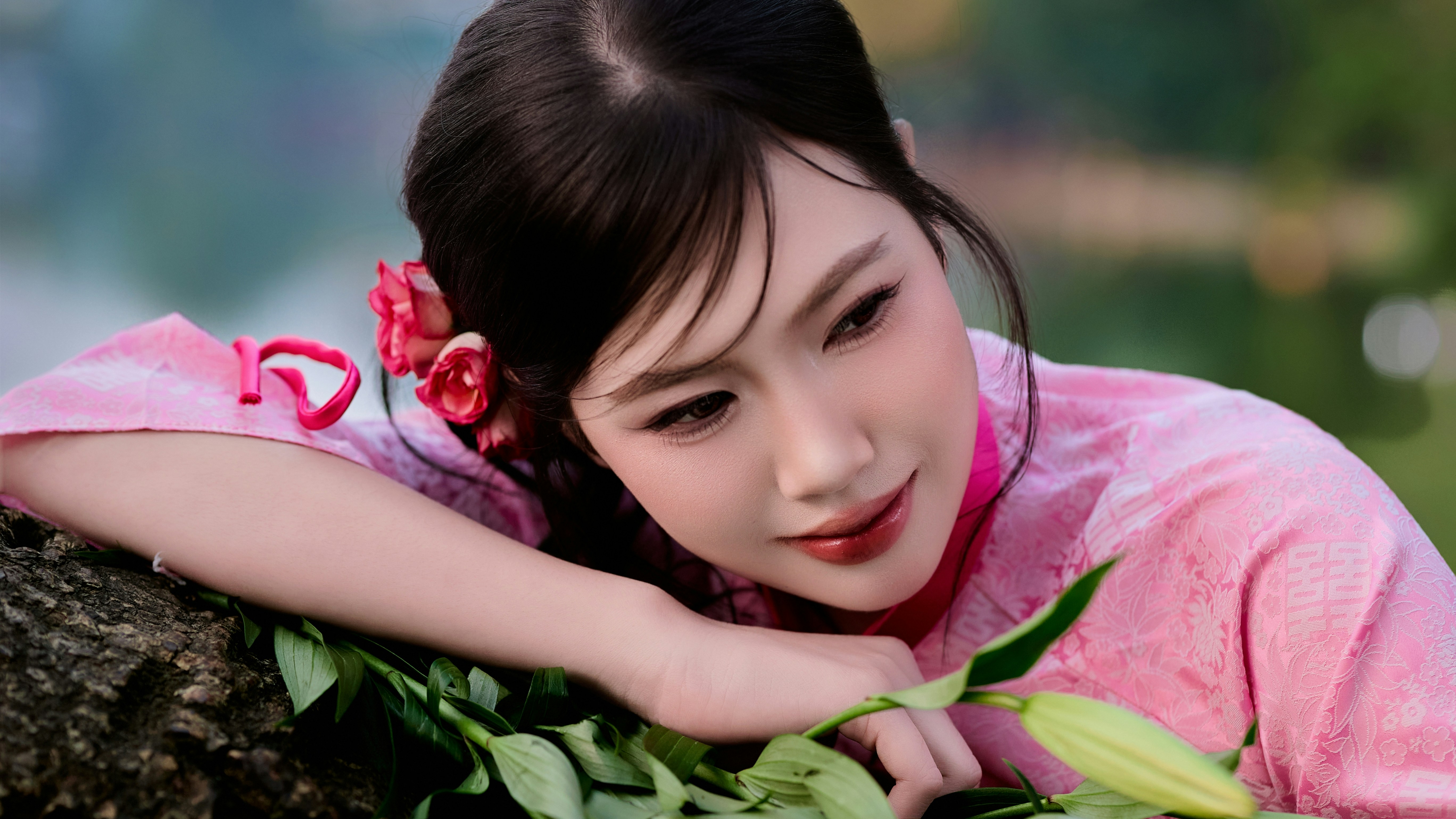 Soft Pink Reverie: A Portrait Near the Water