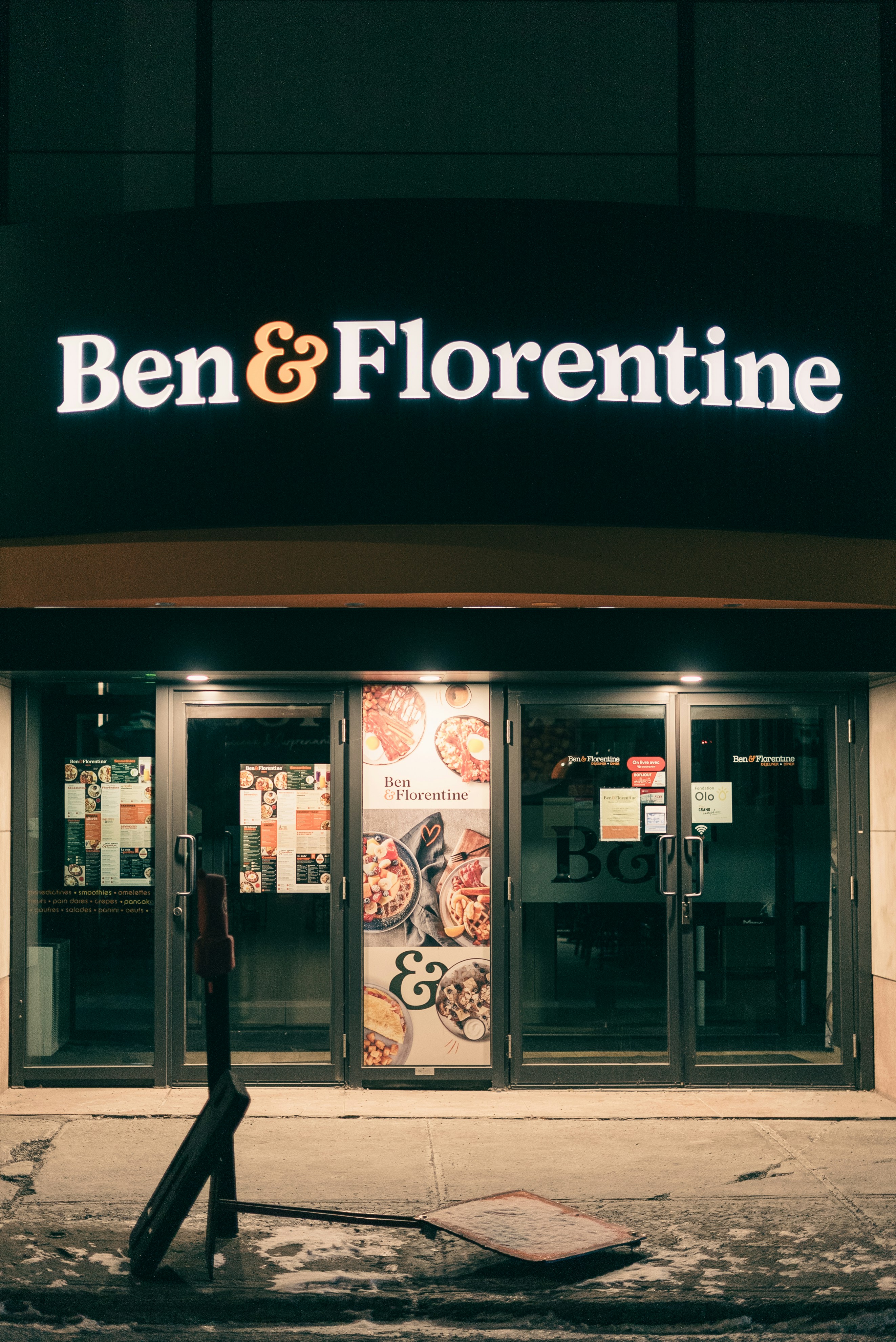 Ben & Florentine storefront at night with illuminated signage