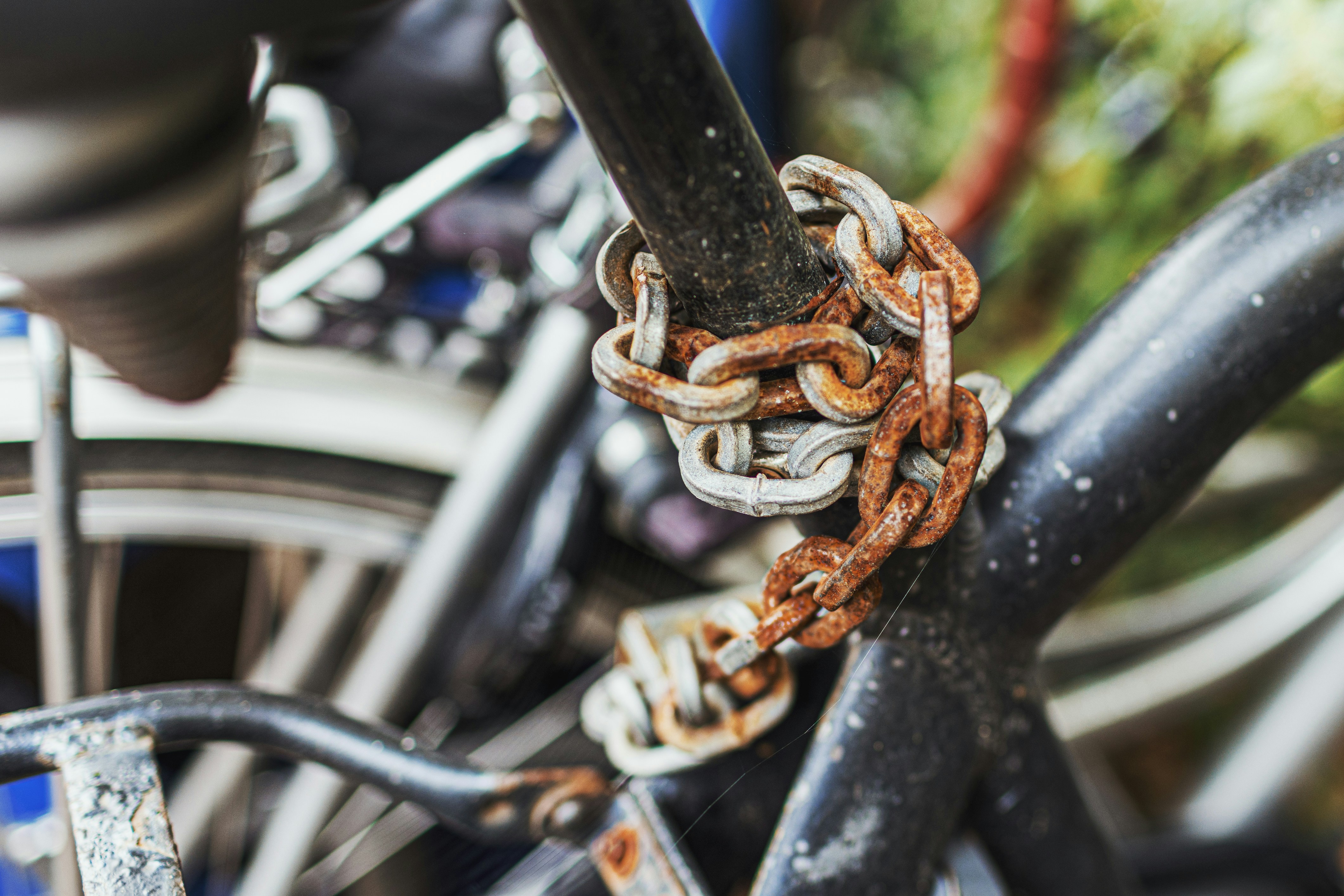 A weathered, rusty chain wraps around a bicycle post near Vondelpark—a testament to Amsterdam's bike culture and the passage of time in the rain-soaked city.