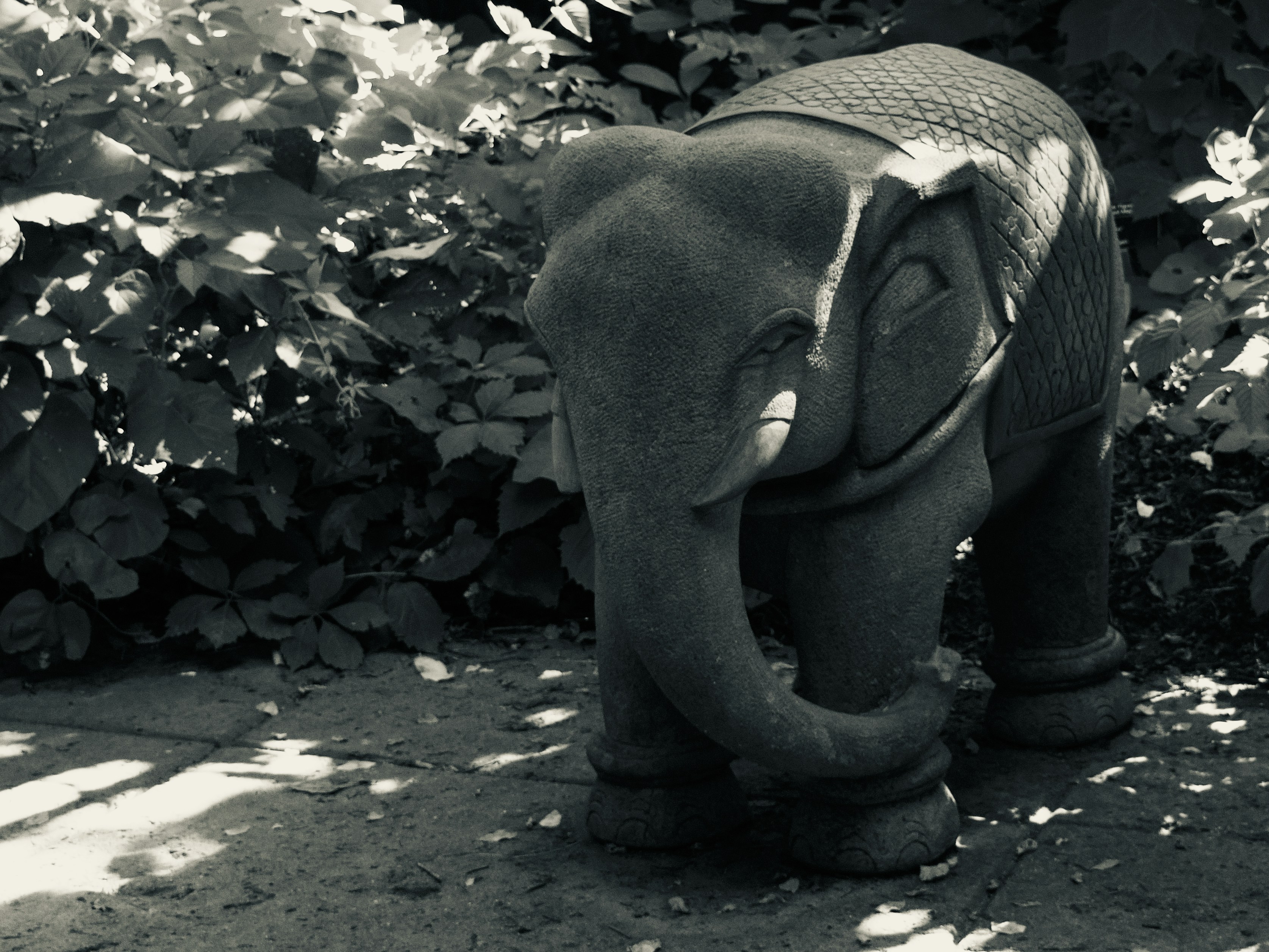Stone Elephant in Shaded Garden Alcove