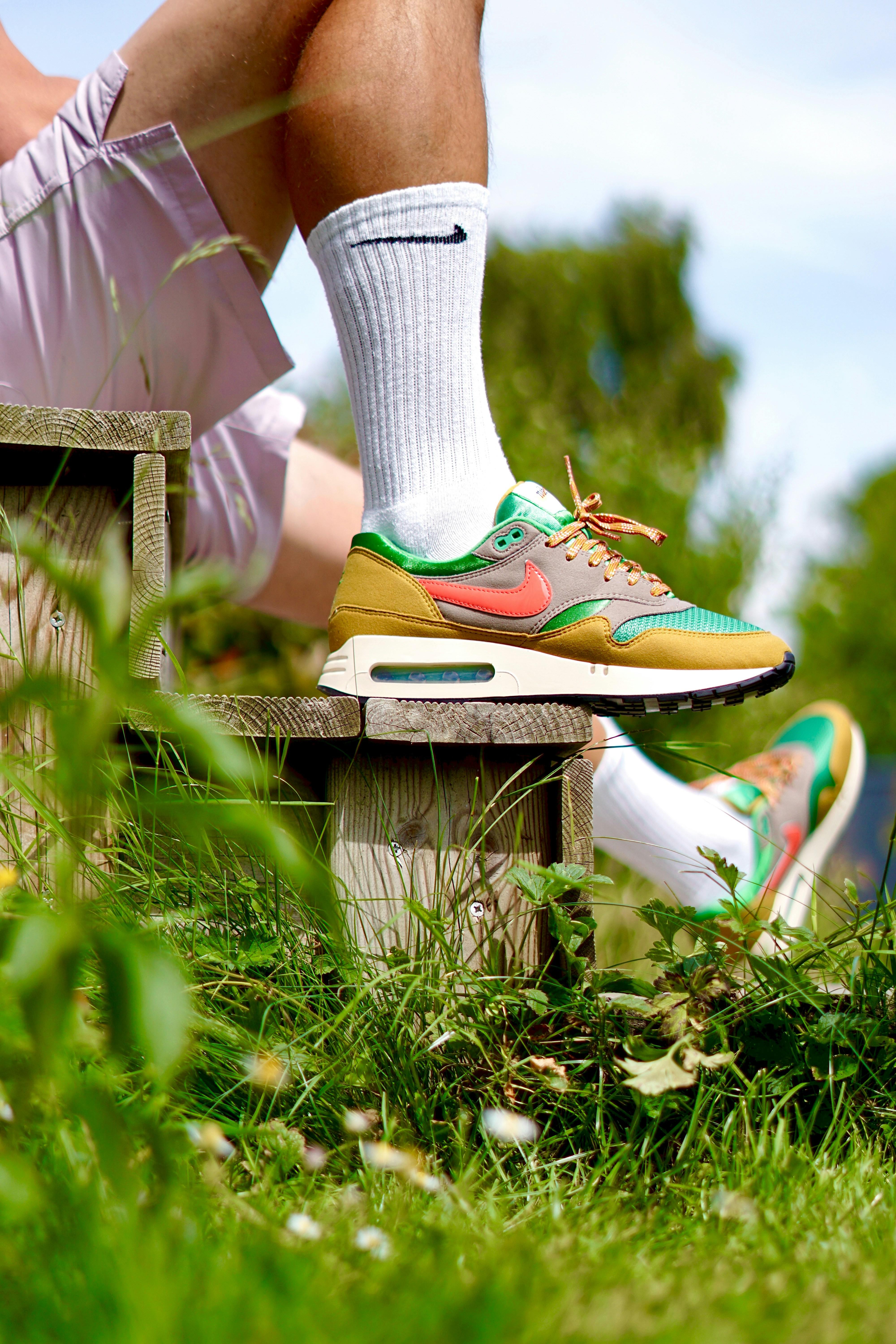 Colorful Sneaker Stance on Wooden Steps in a Lush Yard