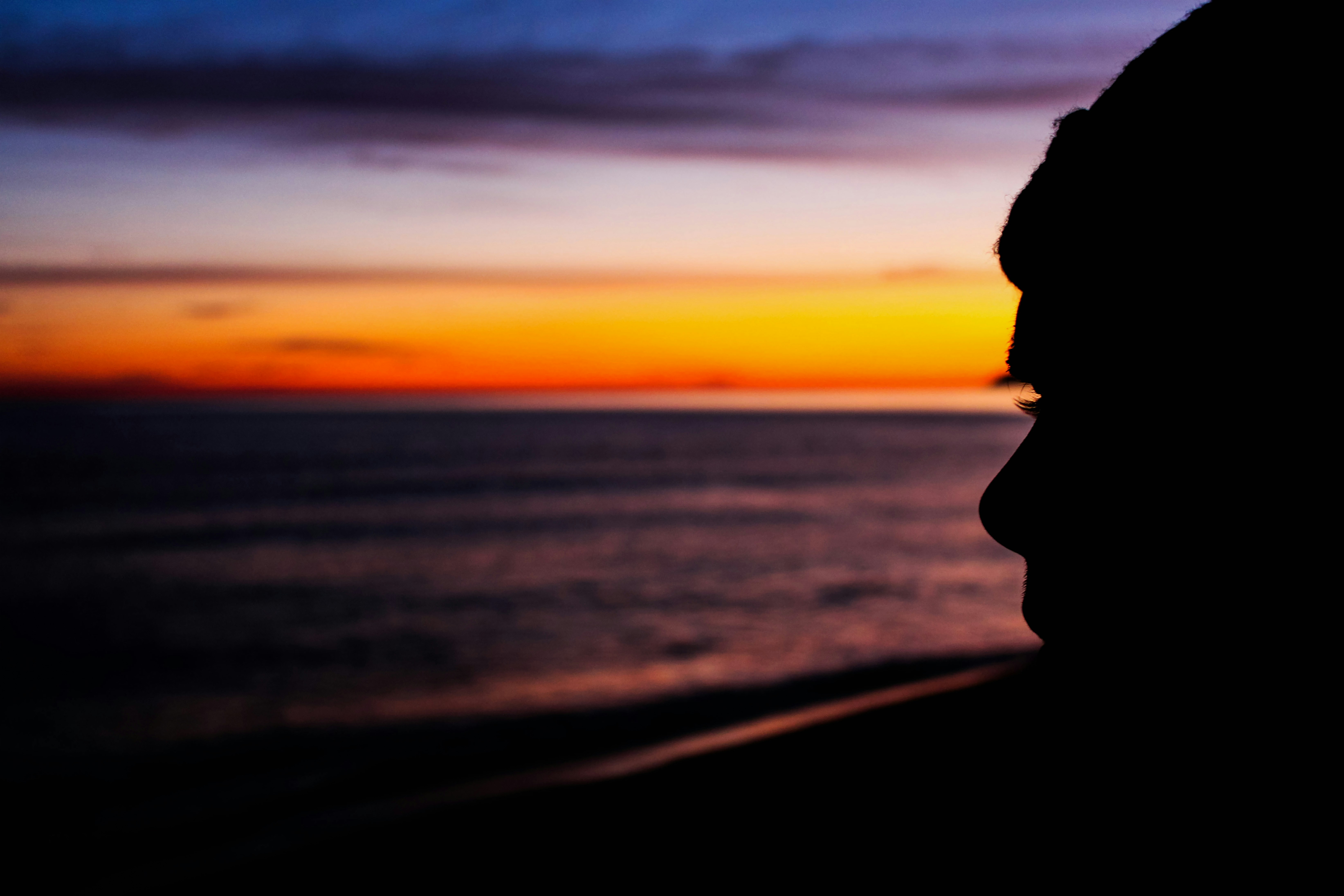 Profile Silhouette Overlooking the Ocean Sunset