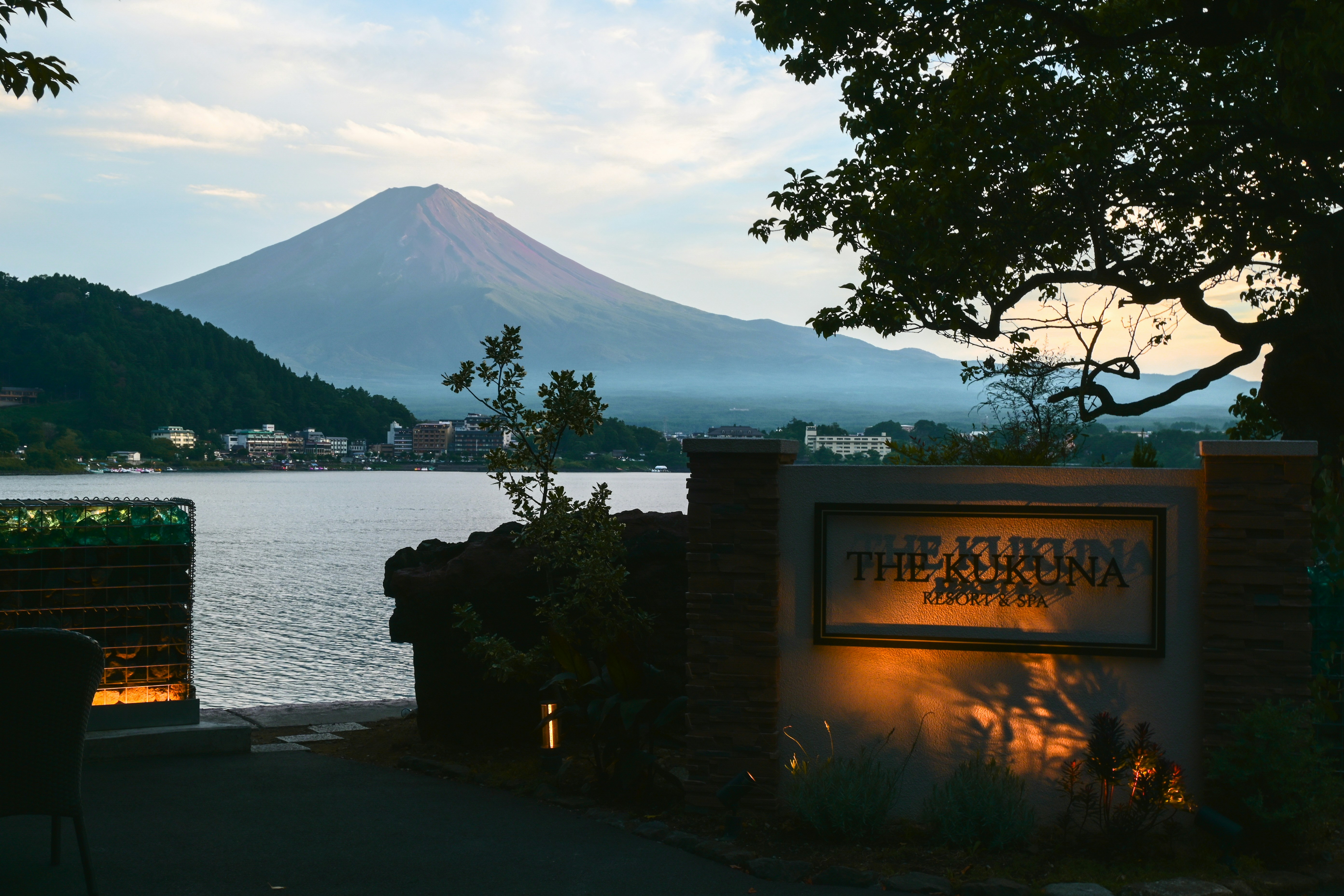 Lakeside Vista with Mt. Fuji-like Peak and Warm Entrance Light