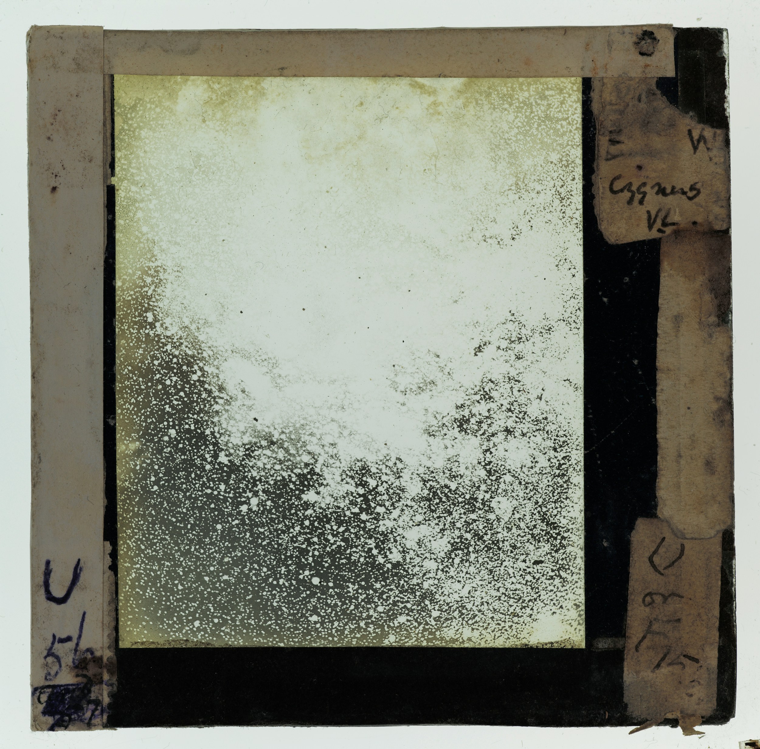 A lantern slide produced by Clement Lindley Wragge (b.1852, d.1922), likely dating between 1890-1922, showing an image of a dense star cluster and surrounding stars in space, depicting America Nebula Cygnus. Shared by Auckland War Memorial Museum, Tāmaki Paenga Hira, as part of the Clement Lindley Wragge collection.