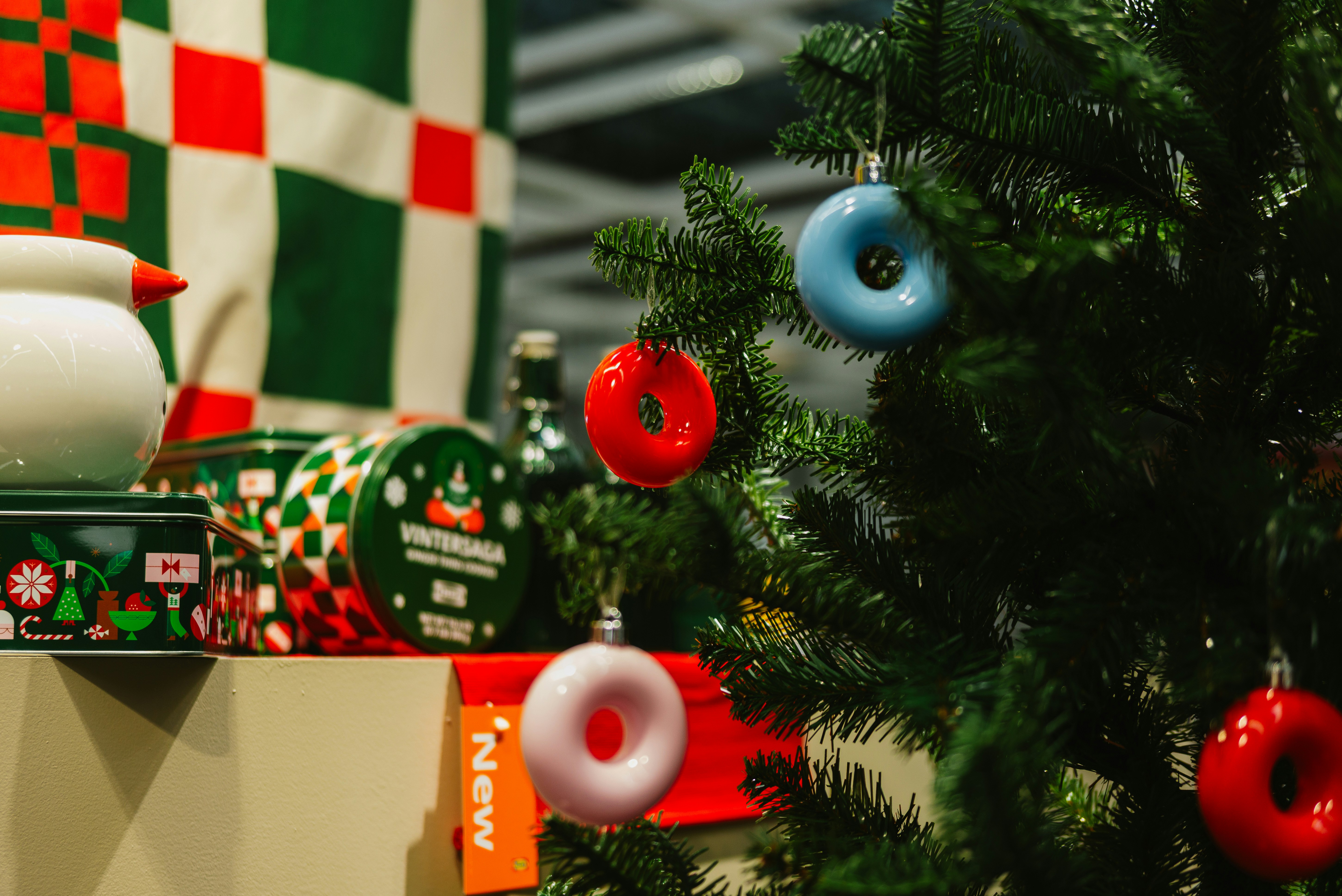 Holiday Display: Festive Ornaments Framing a Christmas Tree