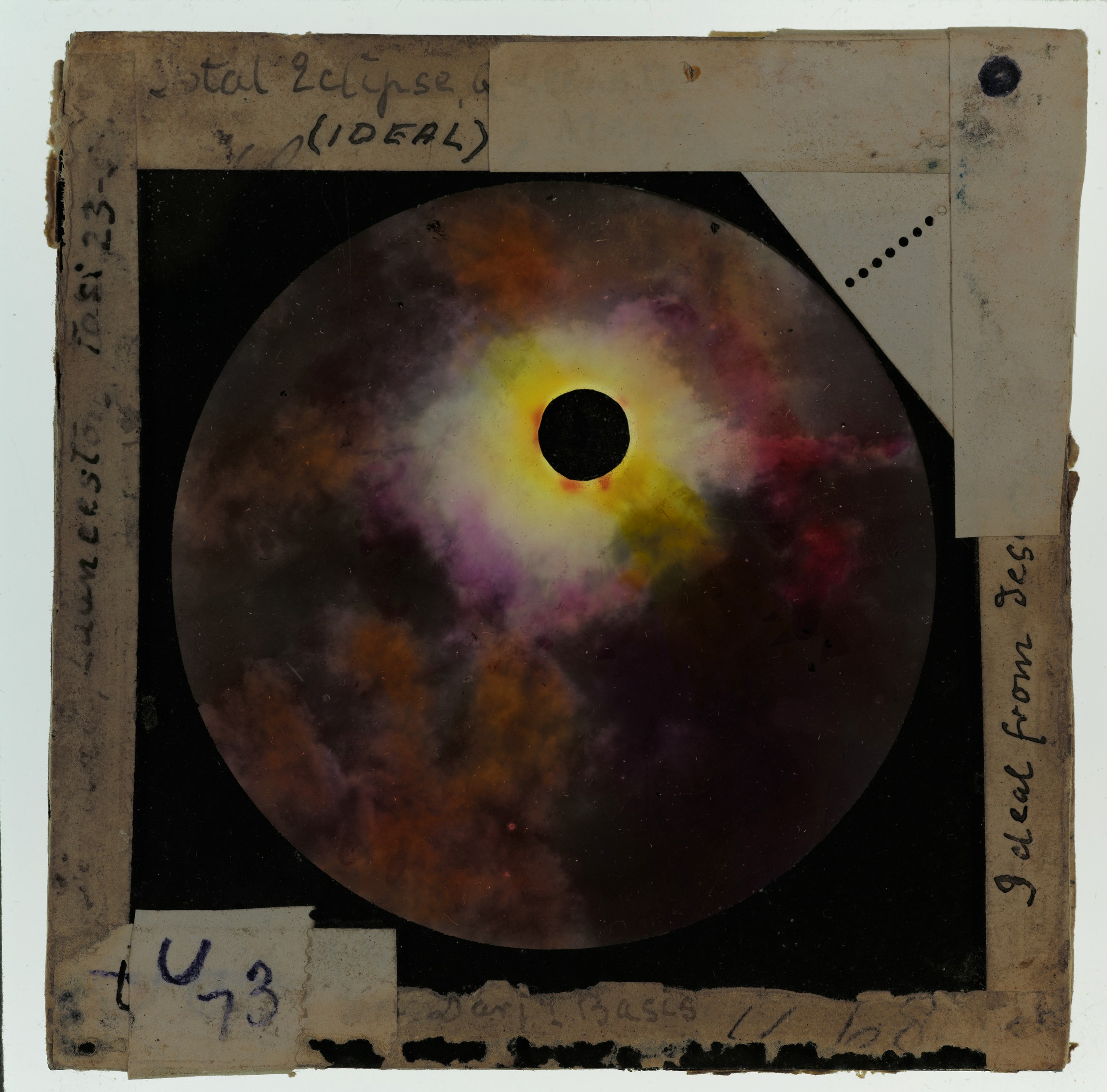 A lantern slide produced by Clement Lindley Wragge (b.1852, d.1922), dated 24 March 1905. This lantern slide show a circular red, pink and yellow image with a dark circle towards the top of the plate, depicting a solar eclipse. Shared by Auckland War Memorial Museum, Tāmaki Paenga Hira, as part of the Clement Lindley Wragge collection.