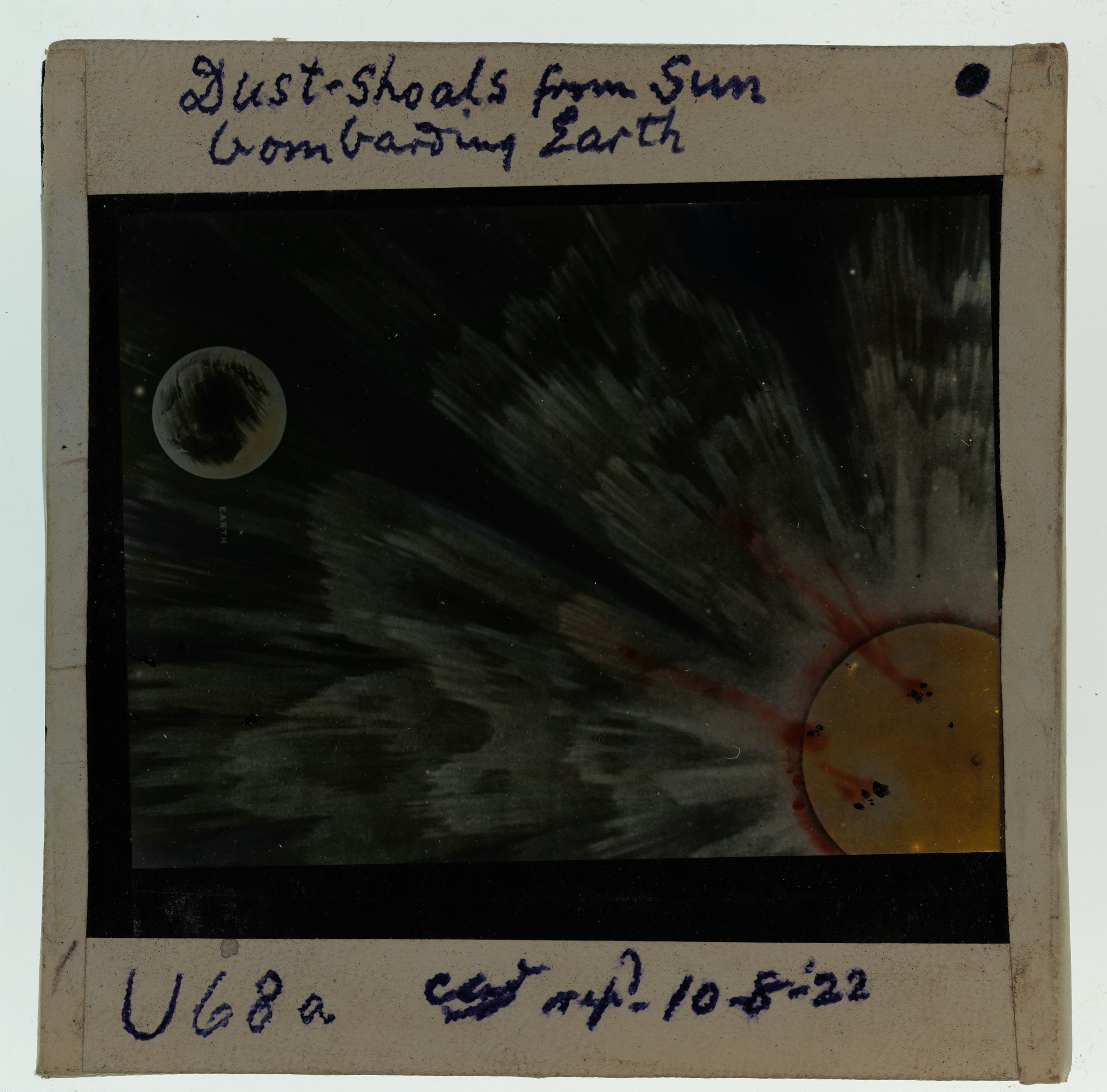 A lantern slide produced by Clement Lindley Wragge (b.1852, d.1922), dated 10 August 1922. The slide shows the illustration of a yellow sun in lower right corner with radiating red lines and white smoke emerging from surface of the sun. In the upper left corner of the image is Earth. The image is set against a black background. Shared by Auckland War Memorial Museum, Tāmaki Paenga Hira, as part of the Clement Lindley Wragge collection. 236026|PH-1984-1-LS78-4-19|68a. No known copyright restrictions. https://www.aucklandmuseum.com/discover/collections/record/1033190