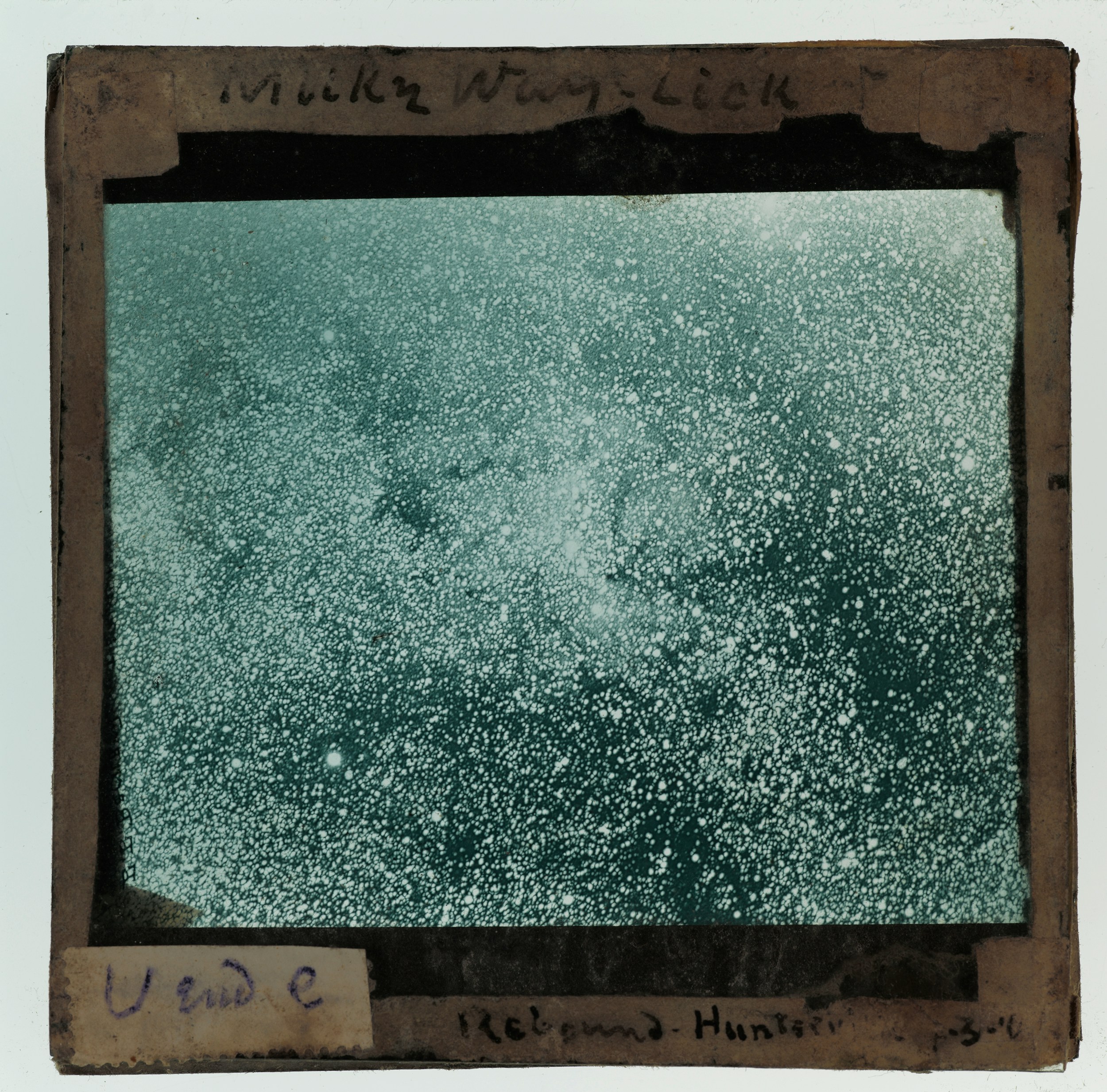 A lantern slide produced by Clement Lindley Wragge (b.1852, d.1922), likely dating between 1890-1922. The slide shows image of starry sky of varying density. Shared by Auckland War Memorial Museum, Tāmaki Paenga Hira, as part of the Clement Lindley Wragge collection. 236022|PH-1984-1-LS78-4-15. No known copyright restrictions. https://www.aucklandmuseum.com/discover/collections/record/1033194