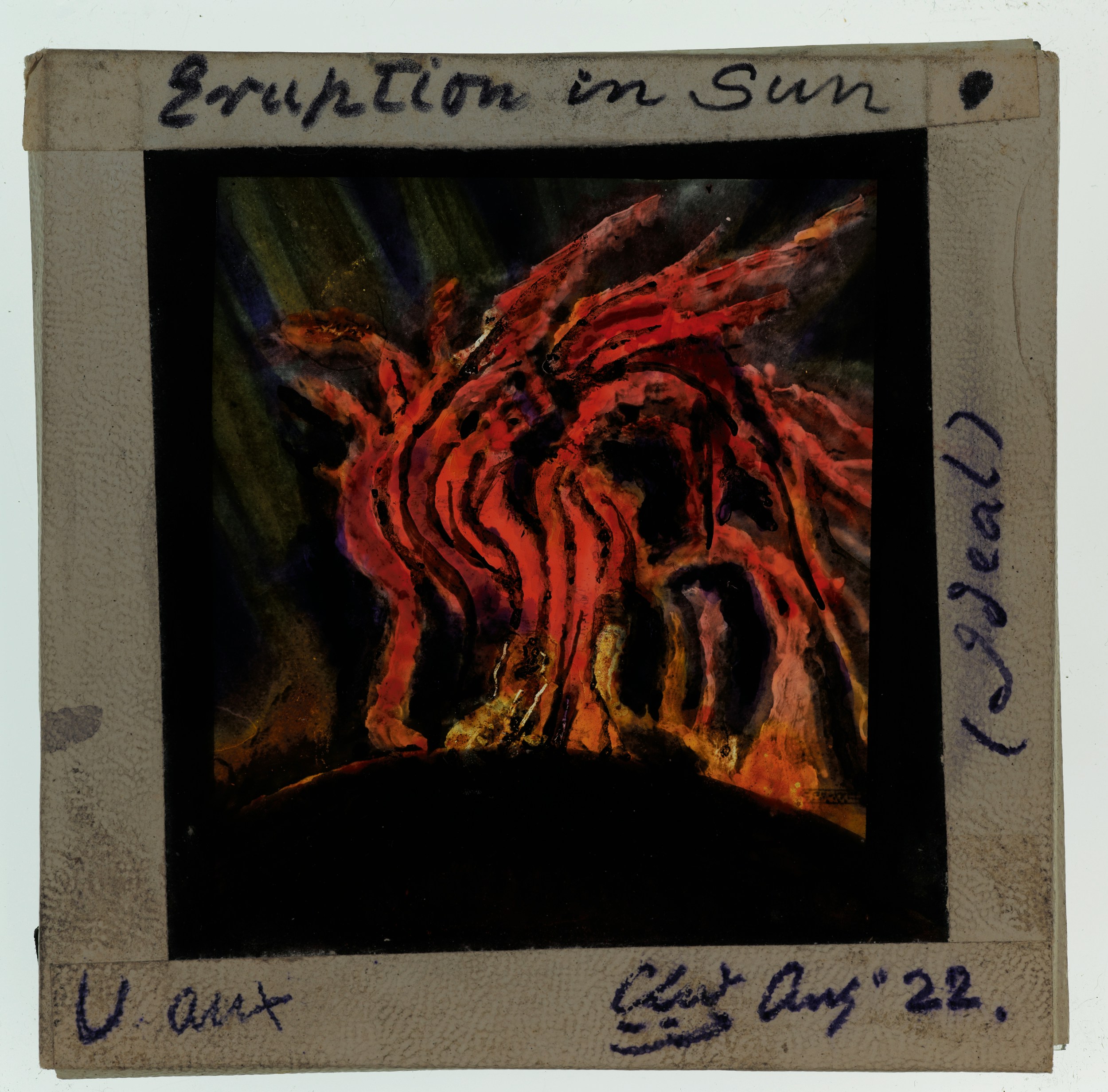 A lantern slide produced by Clement Lindley Wragge (b.1852, d.1922), dated 5 April 1905. This slide is a red tinted plate depicting an illustration of an explosion of a large swirling red mass from surface of the sun. Shared by Auckland War Memorial Museum, Tāmaki Paenga Hira, as part of the Clement Lindley Wragge collection. 236020|PH-1984-1-LS78-4-13. No known copyright restrictions. https://www.aucklandmuseum.com/discover/collections/record/1033196