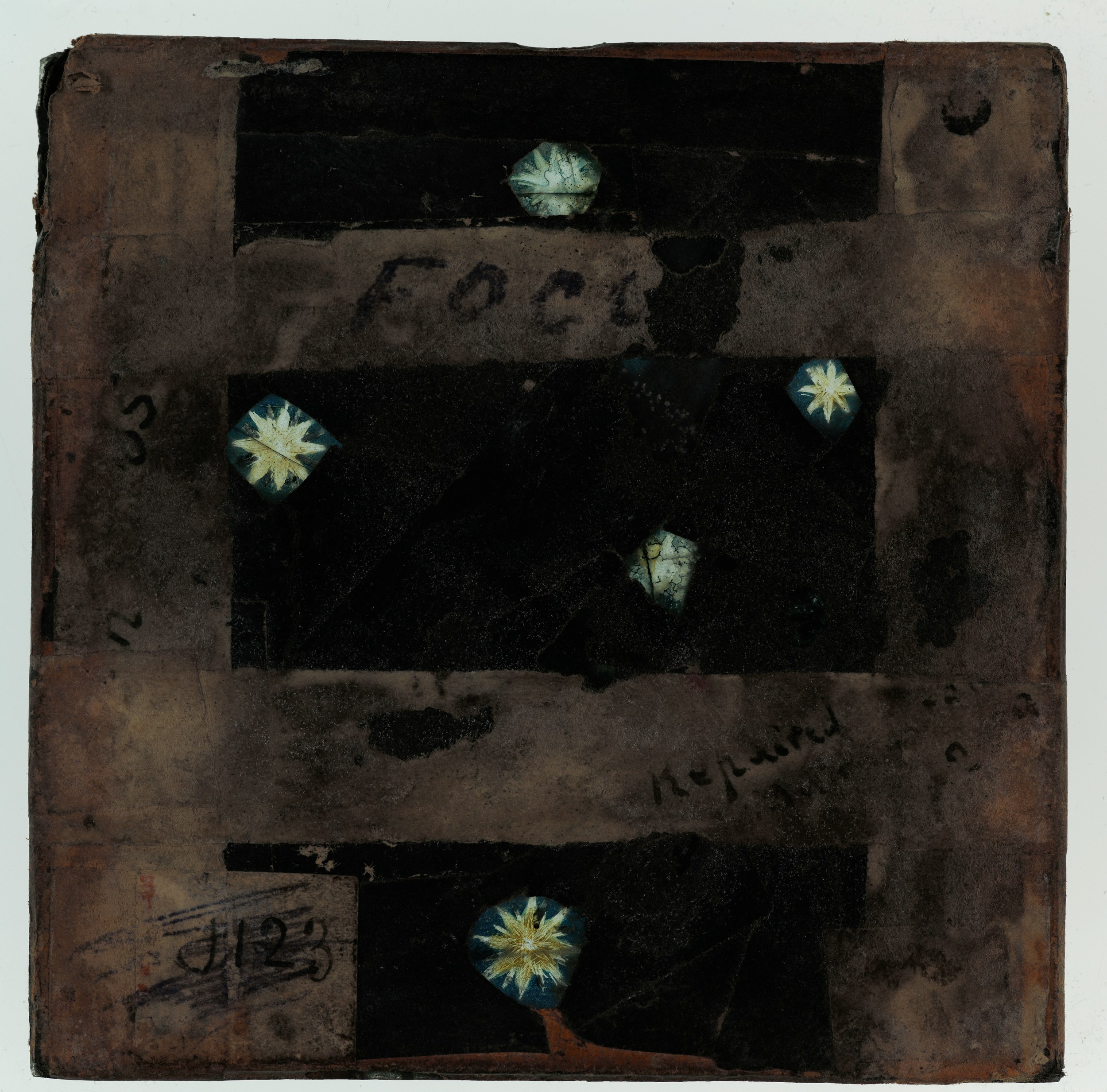 A lantern slide produced by Clement Lindley Wragge (b.1852, d.1922), likely dating between 1890-1922. This slide is a heavily taped plate with 5 cut outs revealing illustrated stars. Shared by Auckland War Memorial Museum, Tāmaki Paenga Hira, as part of the Clement Lindley Wragge collection. 236018|PH-1984-1-LS78-4-11|123. No known copyright restrictions. https://www.aucklandmuseum.com/discover/collections/record/1033198