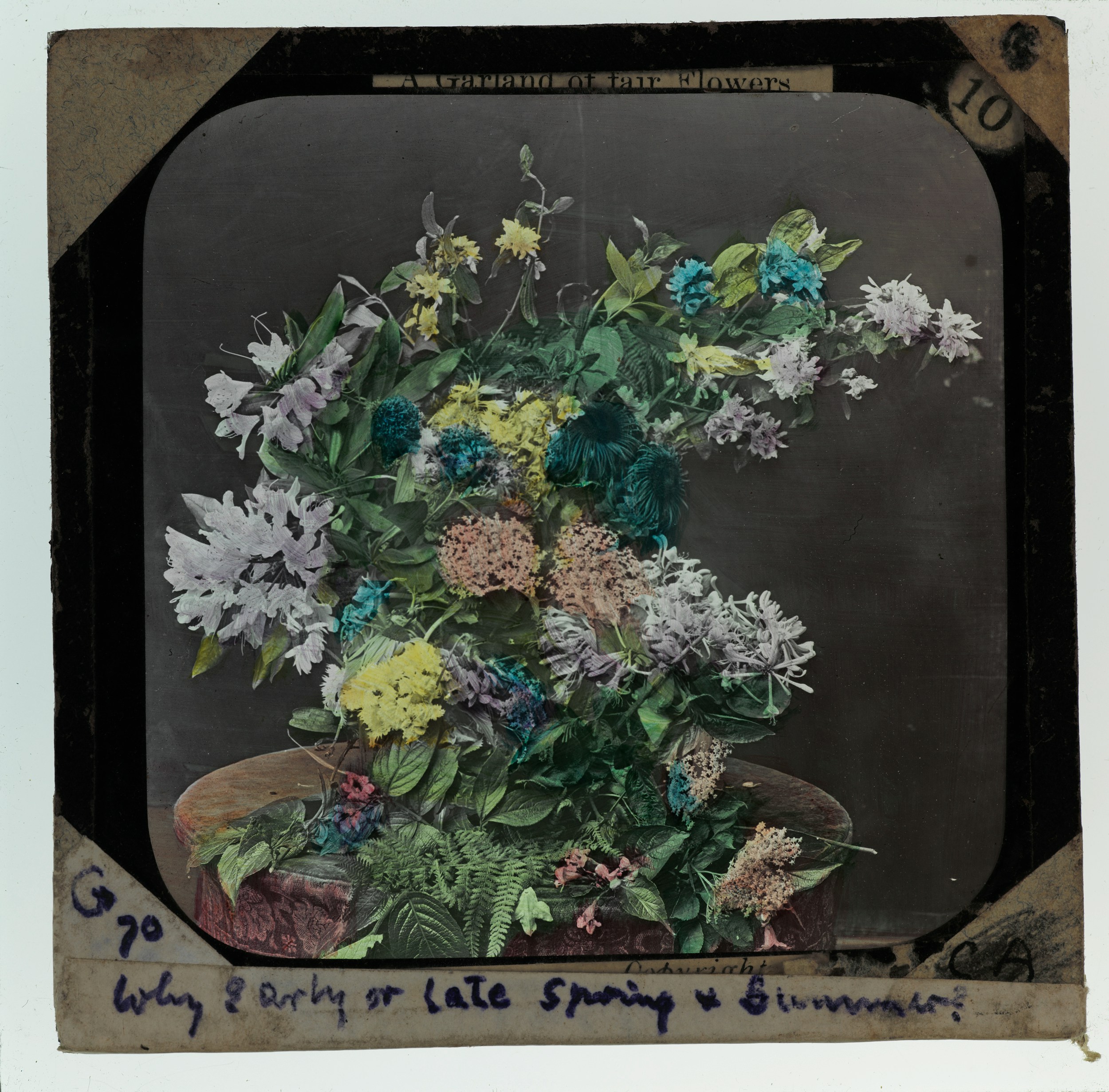 Colorful bouquet arranged in a vintage frame with dark backdrop, showcasing varied blossoms and greens. The presentation emphasizes a nostalgic still-life moment.