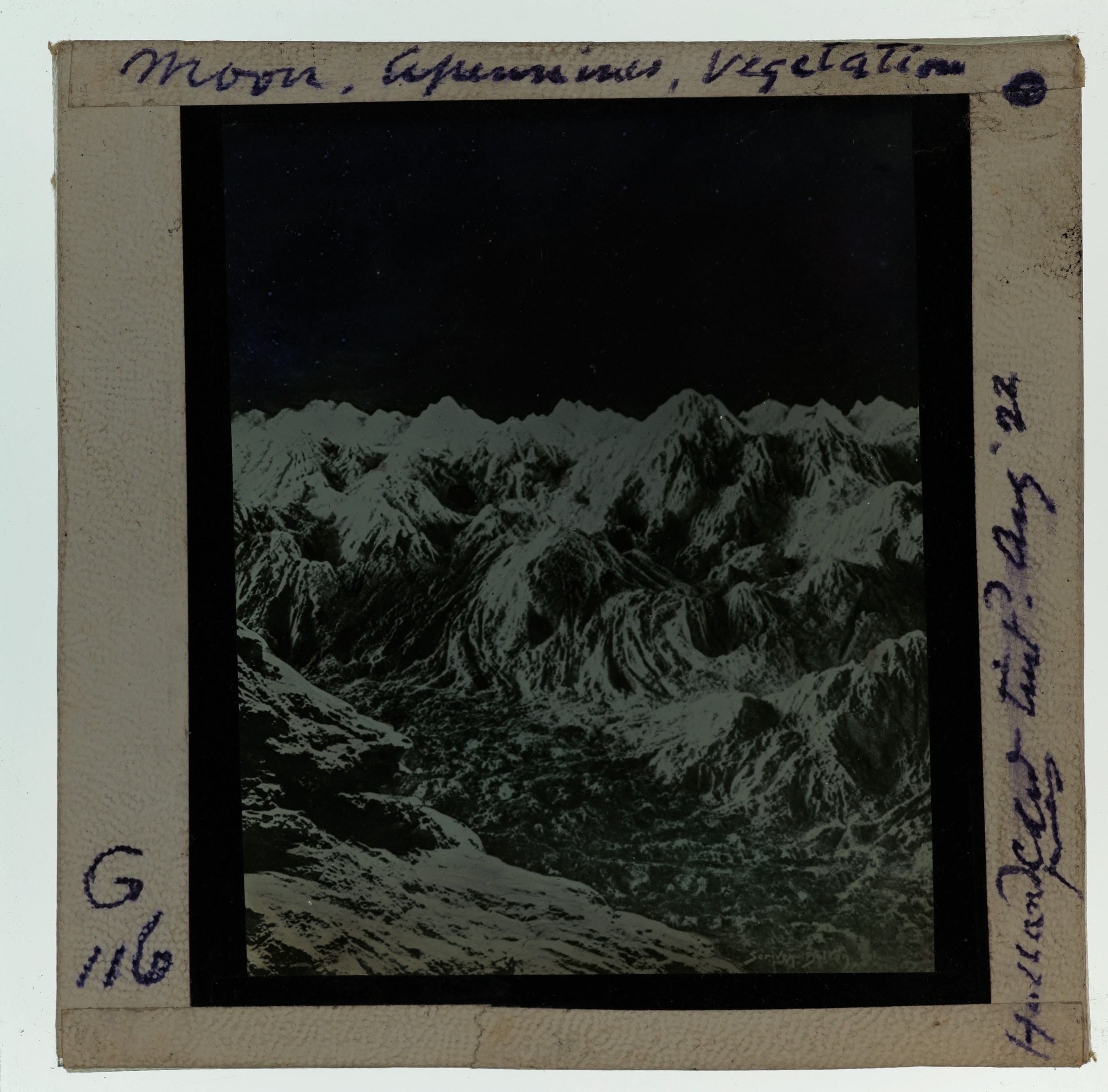 Monochrome alpine landscape with rugged peaks under starry sky; a vintage photographic print framed by handwritten margins, evoking a nocturnal, scientific-illustration vibe.