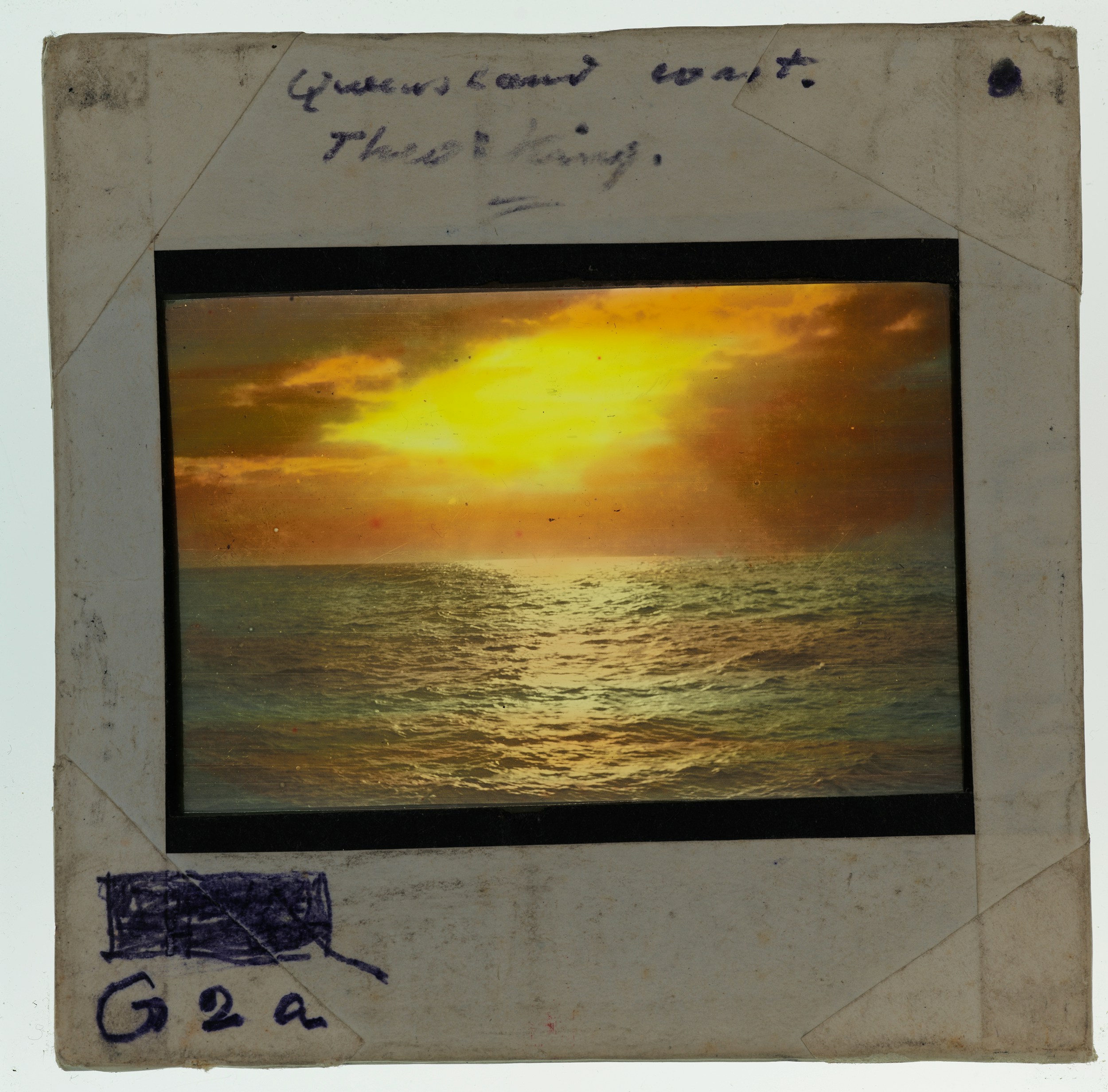 A lantern slide produced by Clement Lindley Wragge (b.1852, d.1922), likely dating between 1890-1922. The slide shows a yellow tinted image of a sunset with clouds over the ocean. Shared by Auckland War Memorial Museum, Tāmaki Paenga Hira, as part of the Clement Lindley Wragge collection. 235974|PH-1984-1-LS78-3-45|2a. No known copyright restrictions. https://www.aucklandmuseum.com/discover/collections/record/1033241
