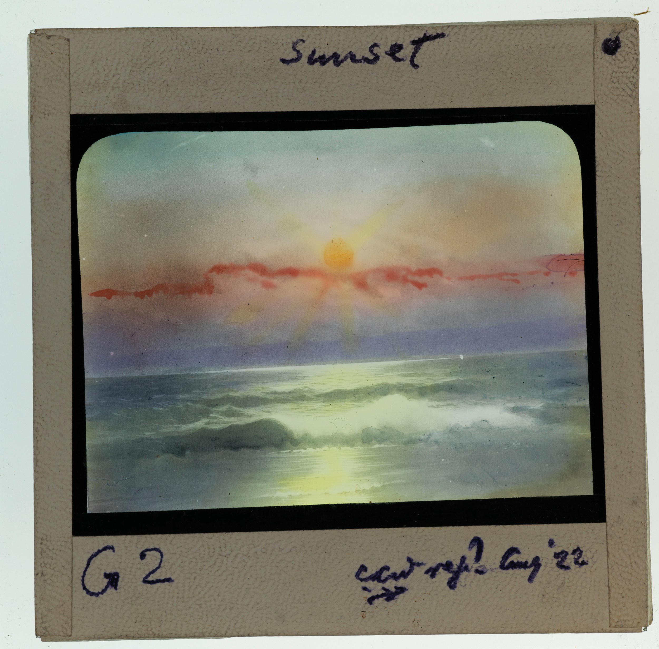 A lantern slide produced by Clement Lindley Wragge (b.1852, d.1922), dated 5 April 1905. The slide shows a coloured image of a sunset over the ocean. Shared by Auckland War Memorial Museum, Tāmaki Paenga Hira, as part of the Clement Lindley Wragge collection. 235970|PH-1984-1-LS78-3-41|2. No known copyright restrictions. https://www.aucklandmuseum.com/discover/collections/record/1033245