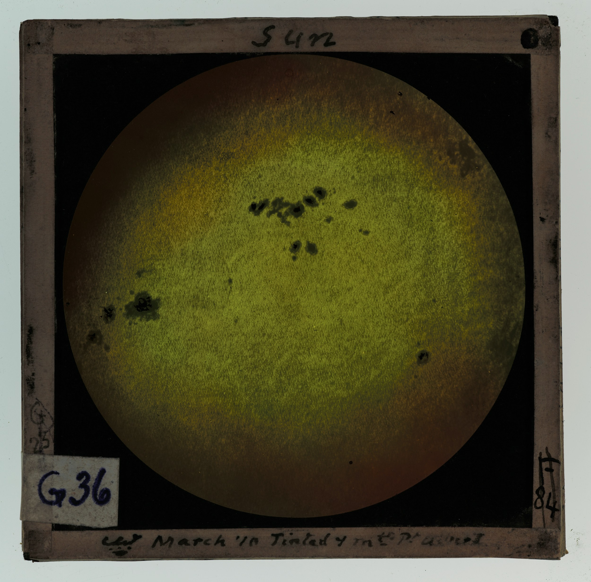 A lantern slide produced by Clement Lindley Wragge (b.1852, d.1922), dated 24 March 1905. The slide shows an image of the sun with dark masses on surface. Shared by Auckland War Memorial Museum, Tāmaki Paenga Hira, as part of the Clement Lindley Wragge collection. 235959|PH-1984-1-LS78-3-30|36. No known copyright restrictions. https://www.aucklandmuseum.com/discover/collections/record/1033256