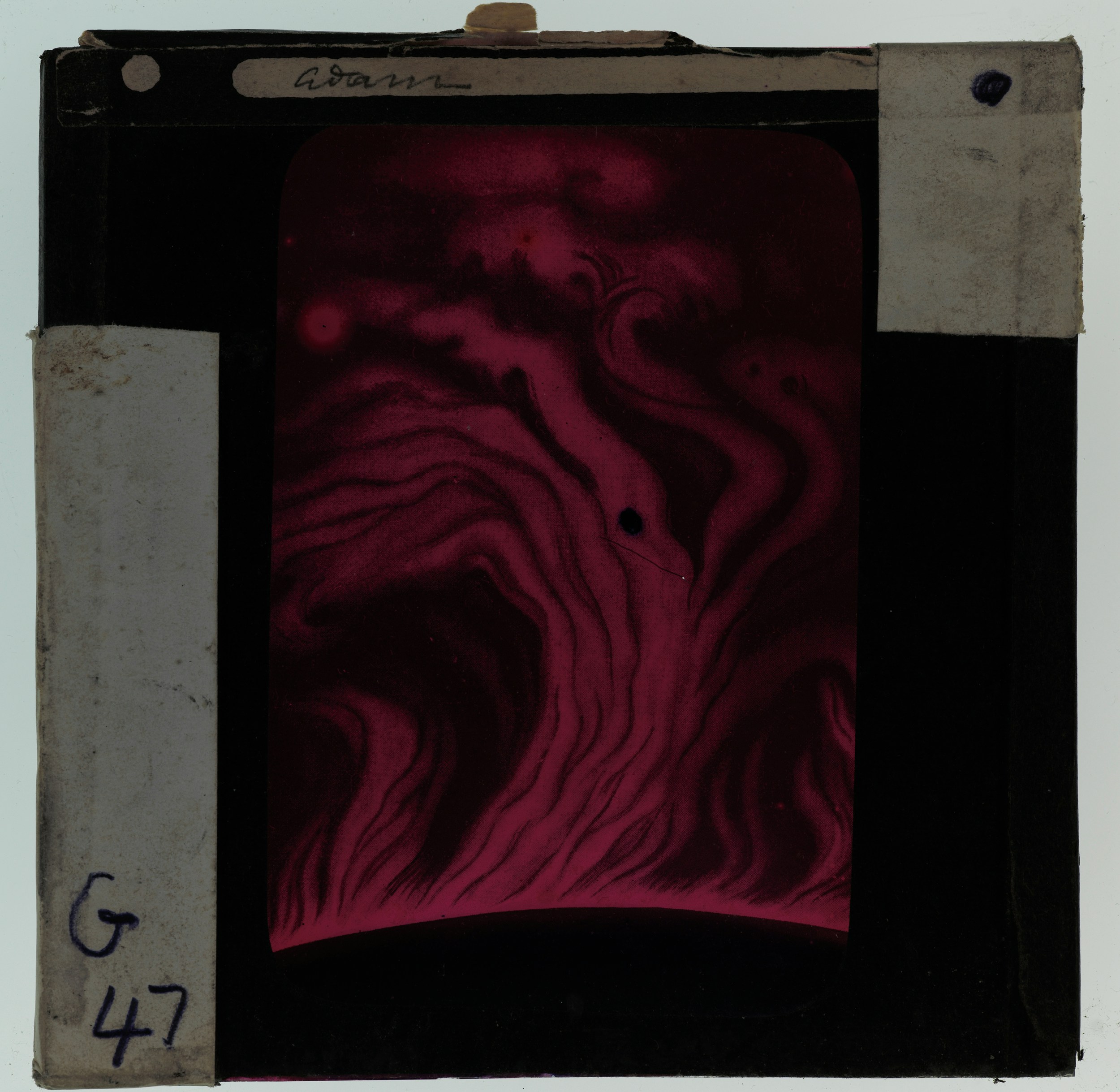 A lantern slide produced by Clement Lindley Wragge (b.1852, d.1922), likely dating between 1890-1922. The slide is a pink tinted plate, depicting an image of swirling/streaked gas/liquid emerging from curved plane. Shared by Auckland War Memorial Museum, Tāmaki Paenga Hira, as part of the Clement Lindley Wragge collection. 235952|PH-1984-1-LS78-3-23|47. No known copyright restrictions. https://www.aucklandmuseum.com/discover/collections/record/1033263