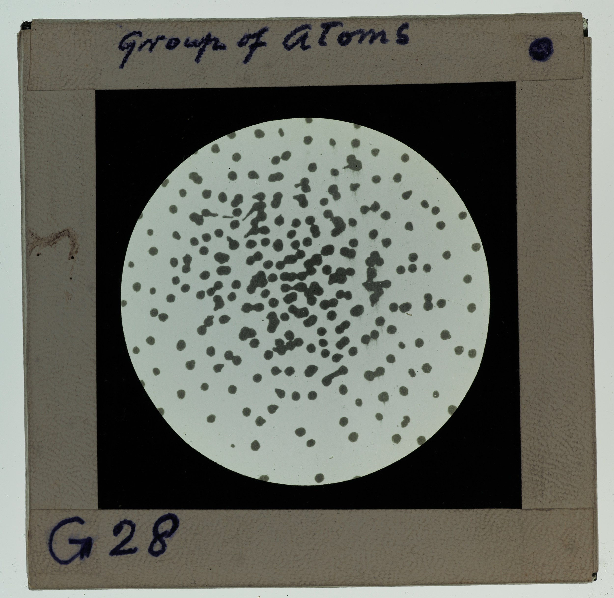 A lantern slide produced by Clement Lindley Wragge (b.1852, d.1922), date unknown. Handwritten in blue ink at the top of plate, 'Group of atoms'. Handwritten in blue ink in the lower left corner of the plate, 'G28'. VERSO: Handwritten in blue ink on the right side of plate, [illegible]14-9-22'. Shared by Auckland War Memorial Museum, Tāmaki Paenga Hira, as part of the Clement Lindley Wragge collection. 235947|PH-1984-1-LS78-3-18|28. No known copyright restrictions. https://www.aucklandmuseum.com/discover/collections/record/1033268