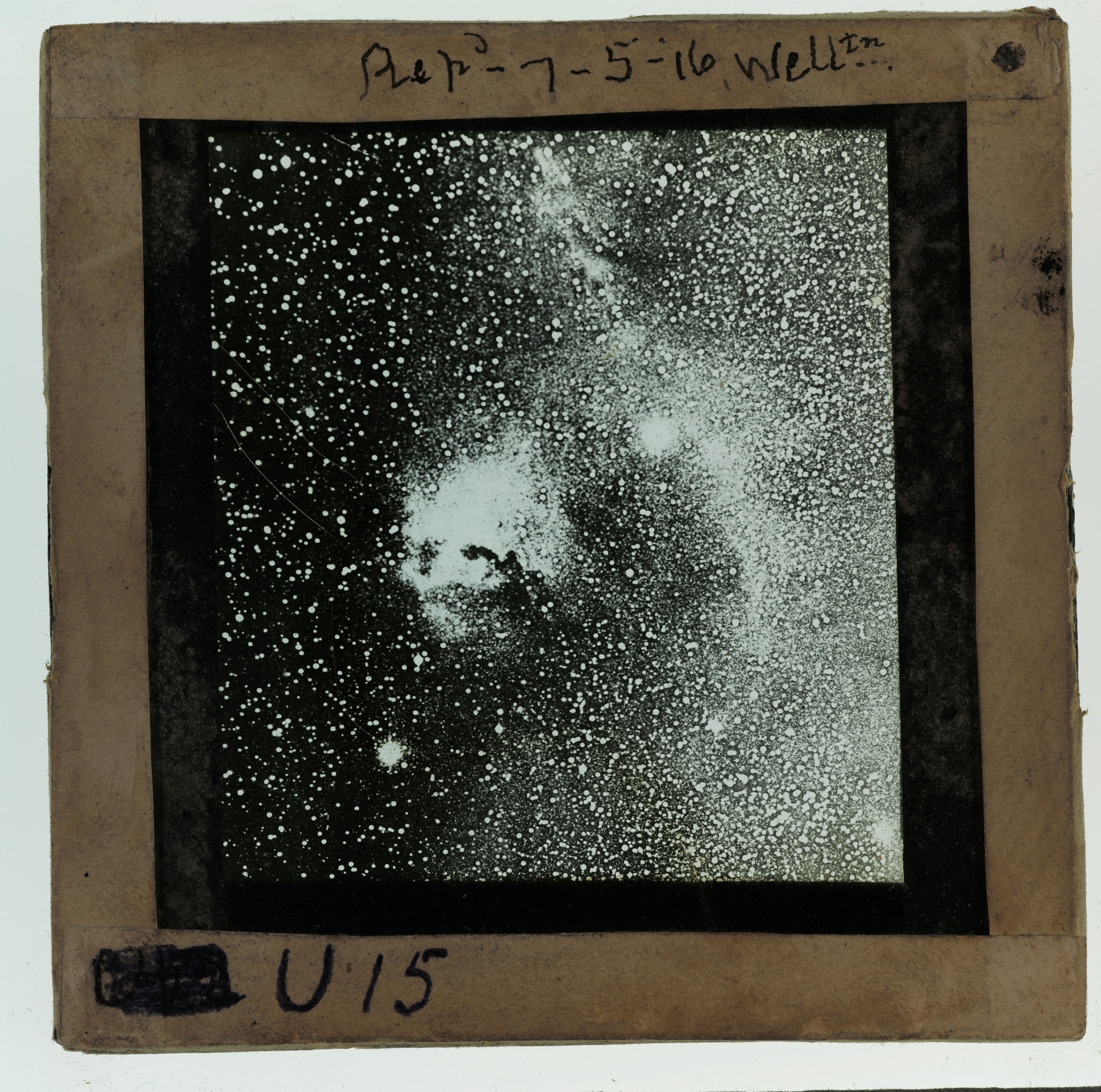 A lantern slide produced by Clement Lindley Wragge (b.1852, d.1922), date unknown. The slide shows clusters of stars and nebulae against a dark sky. Shared by Auckland War Memorial Museum, Tāmaki Paenga Hira, as part of the Clement Lindley Wragge collection. 235940|PH-1984-1-LS78-4-85|U15. No known copyright restrictions. https://www.aucklandmuseum.com/discover/collections/record/1033274