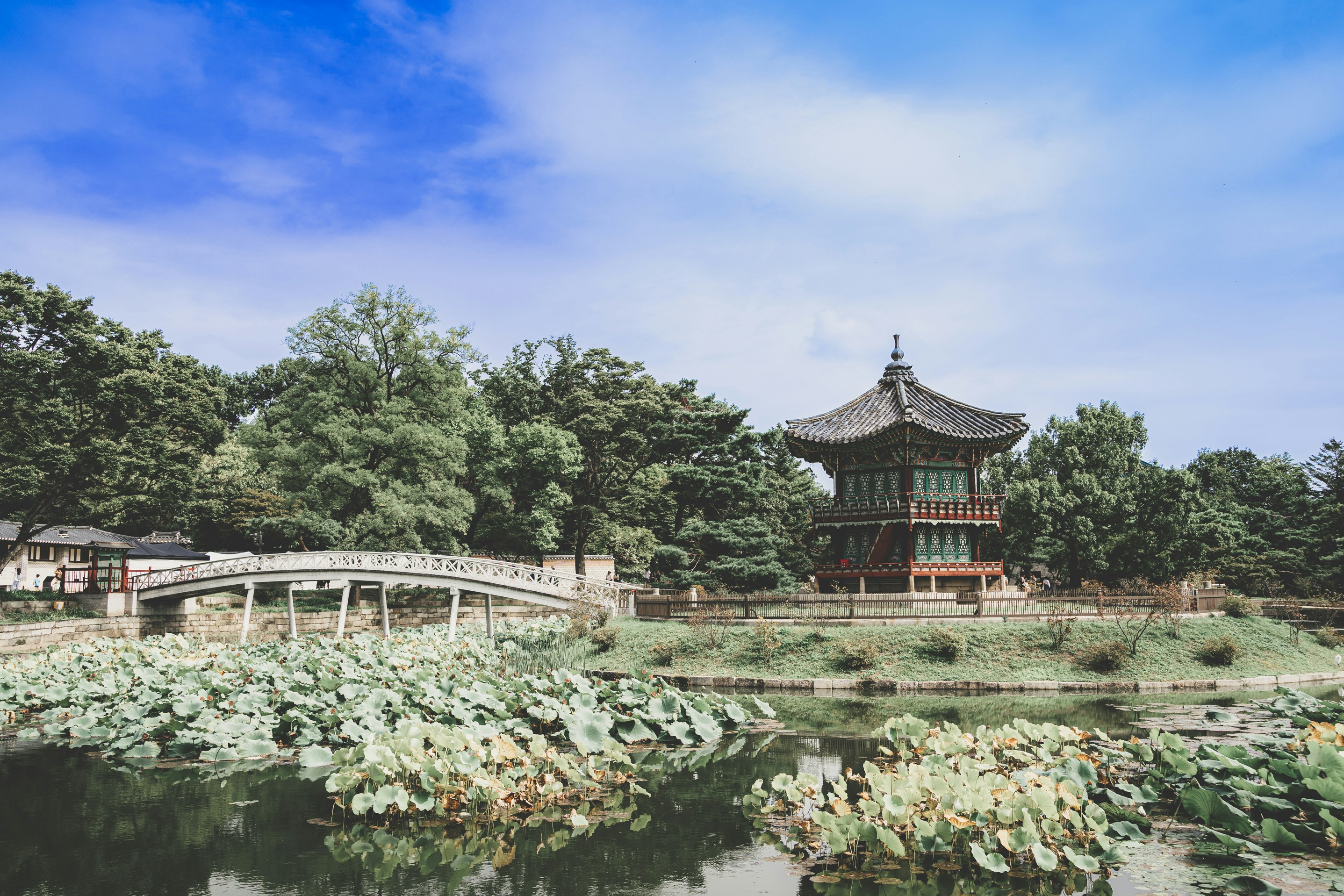Traditional korean pavilion by a pond with bridge. photo – Free Garden ...