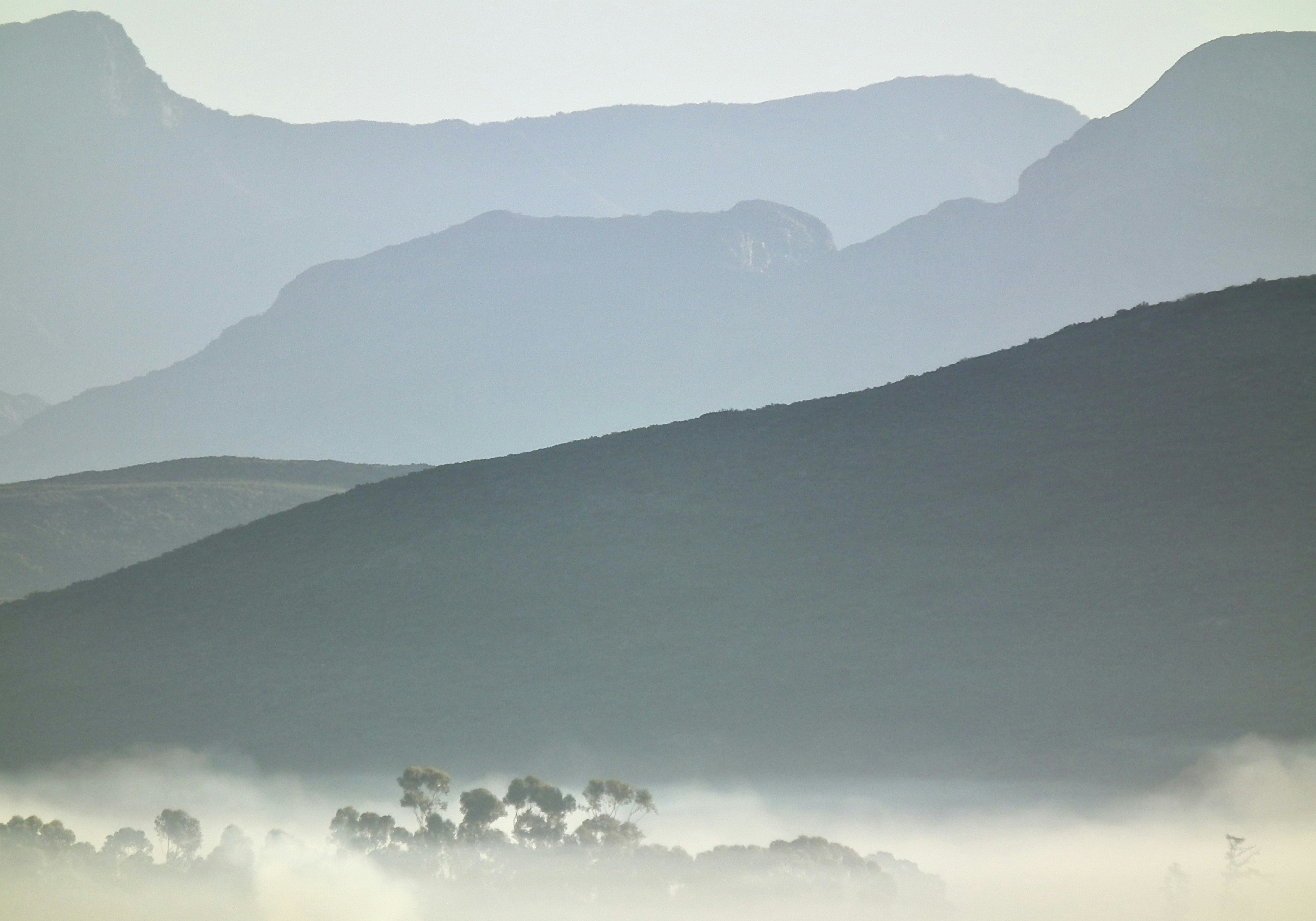 Layered mountain ranges shrouded in morning mist.