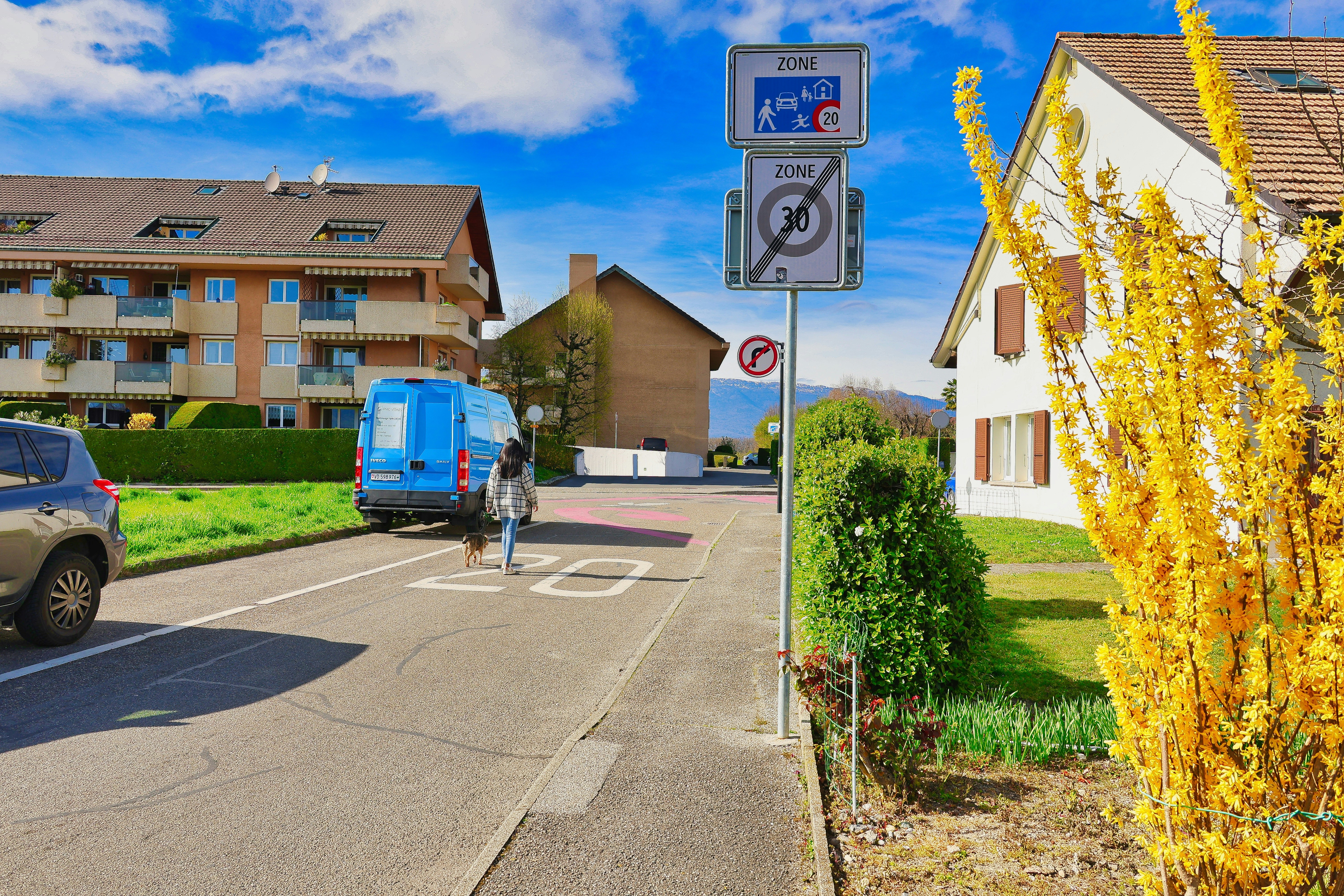 Street Scene with a Blue Van and Alert Pedestrian on a Quiet Suburban Road