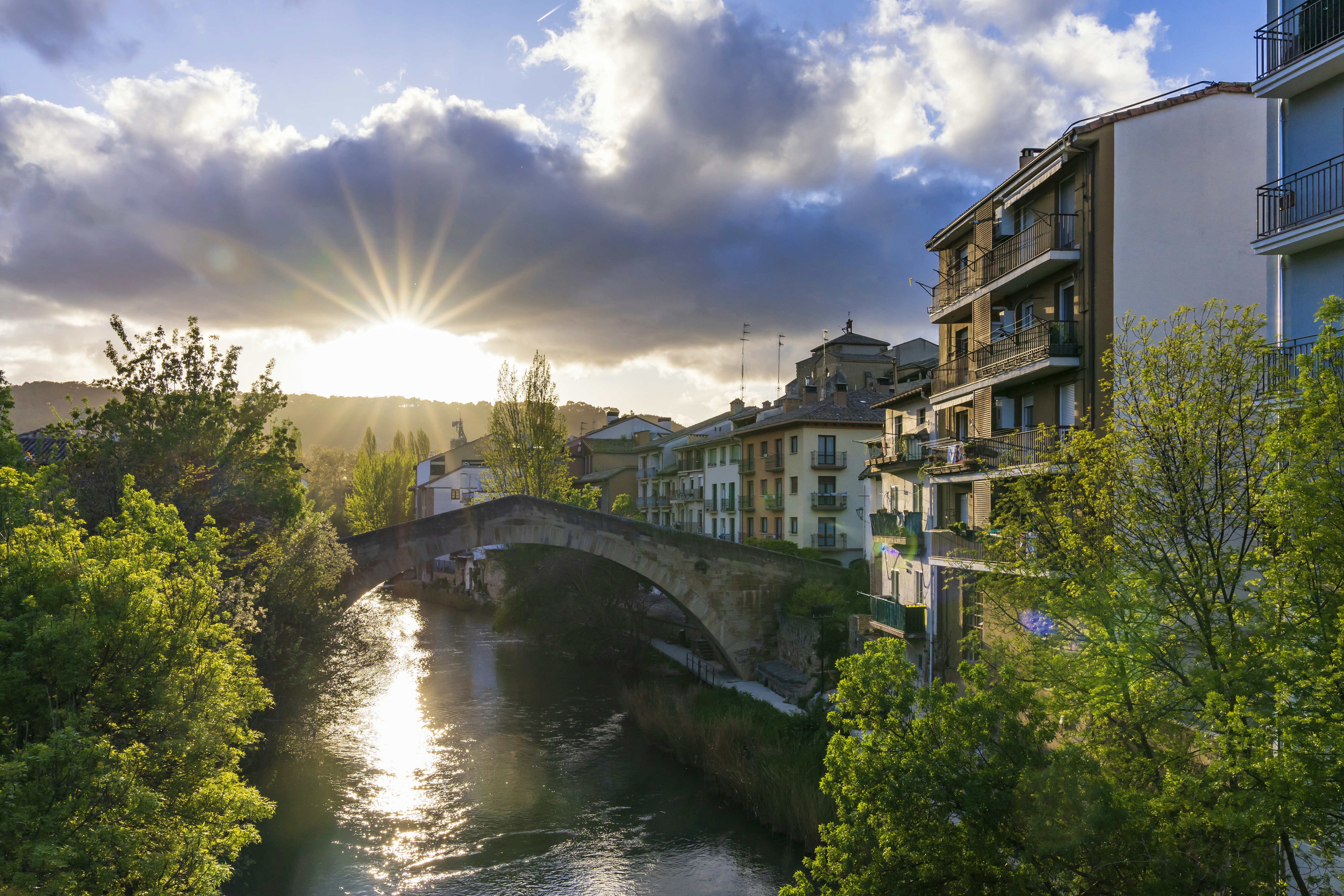 Sunlit River Crossing: A Town Bridge Framed by Verdant Banks