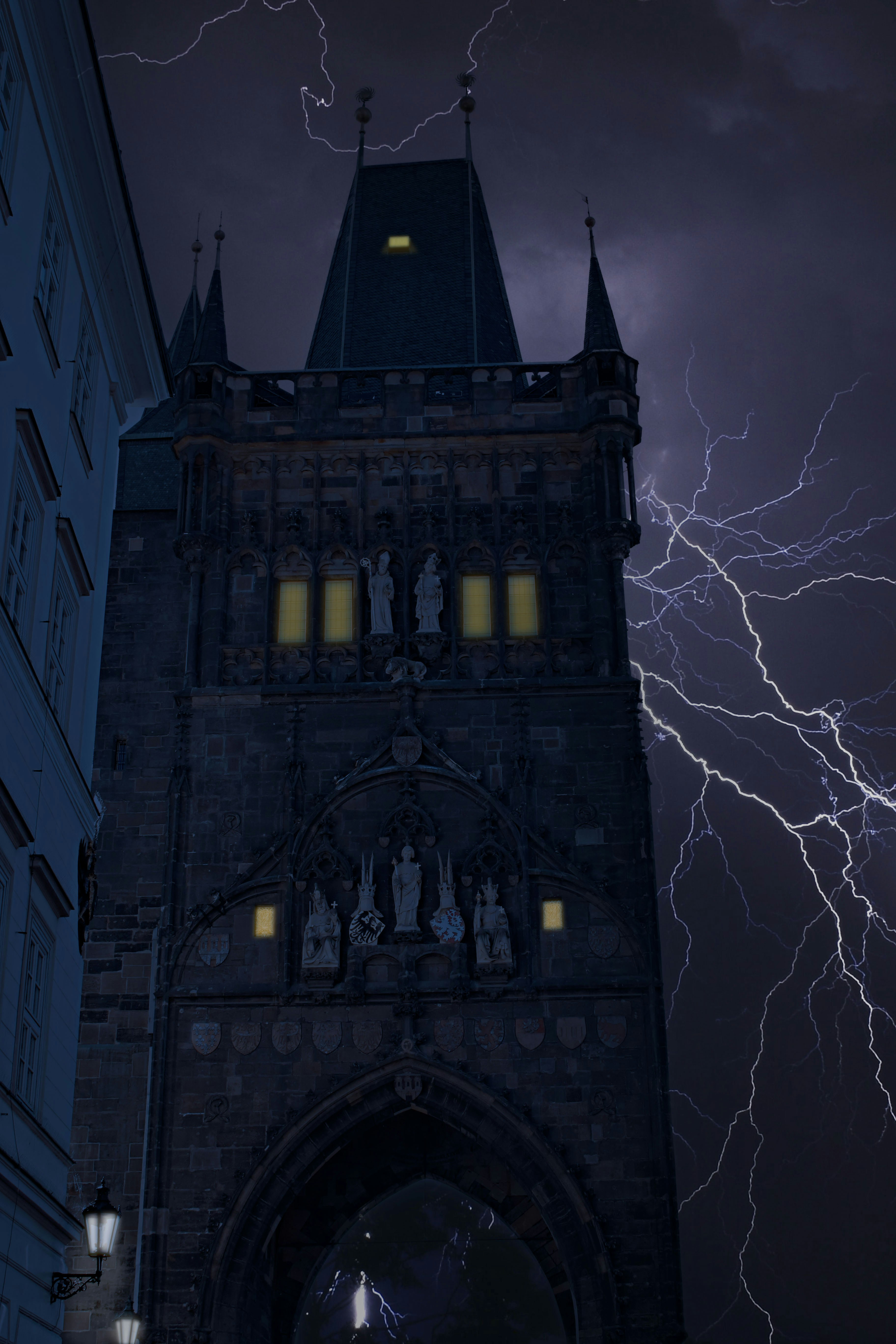 Lightning over the Clock Tower: Night Storm Over Prague-Style Spire