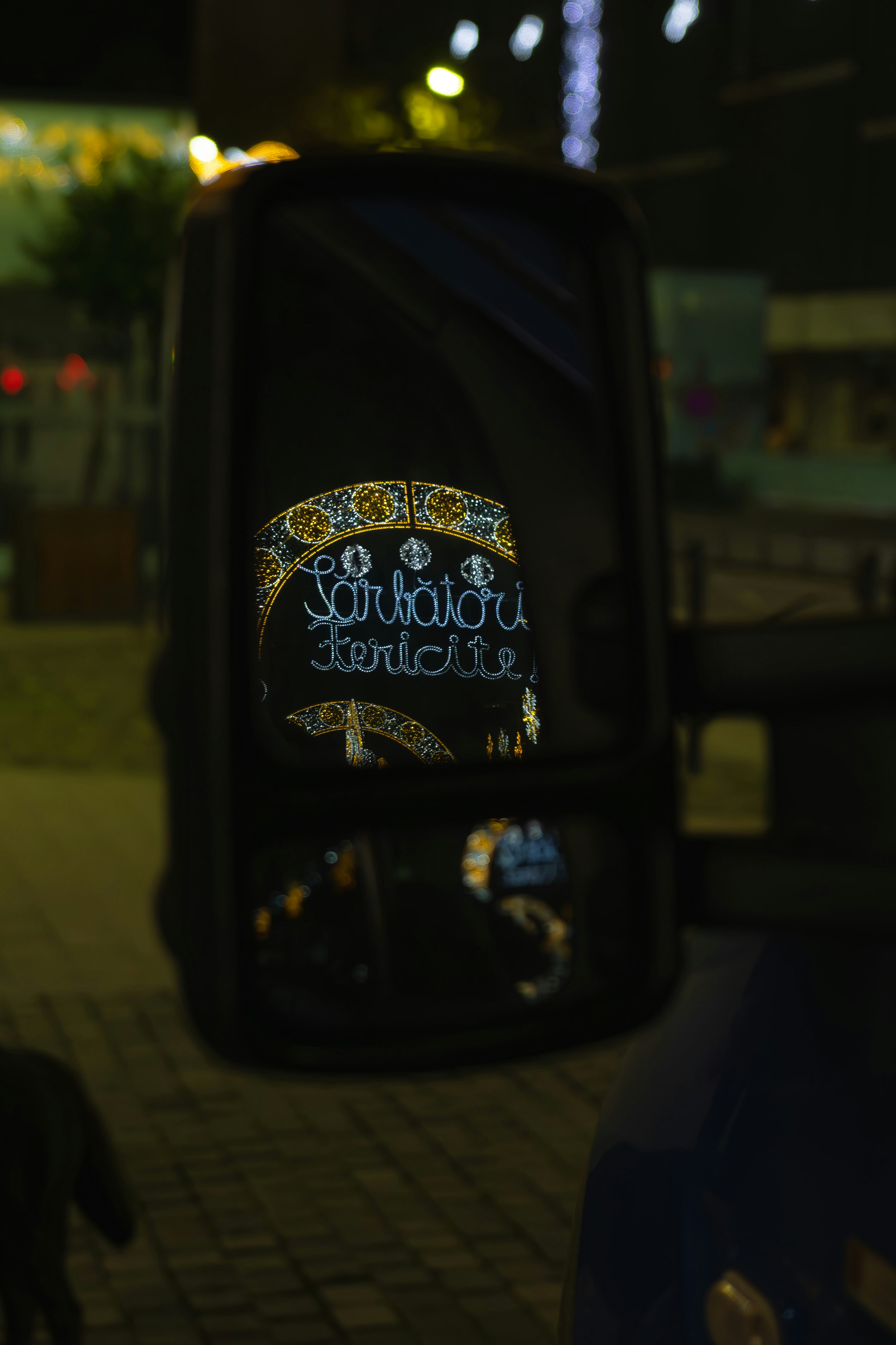 Neon Script Reflections in a Vehicle Mirror