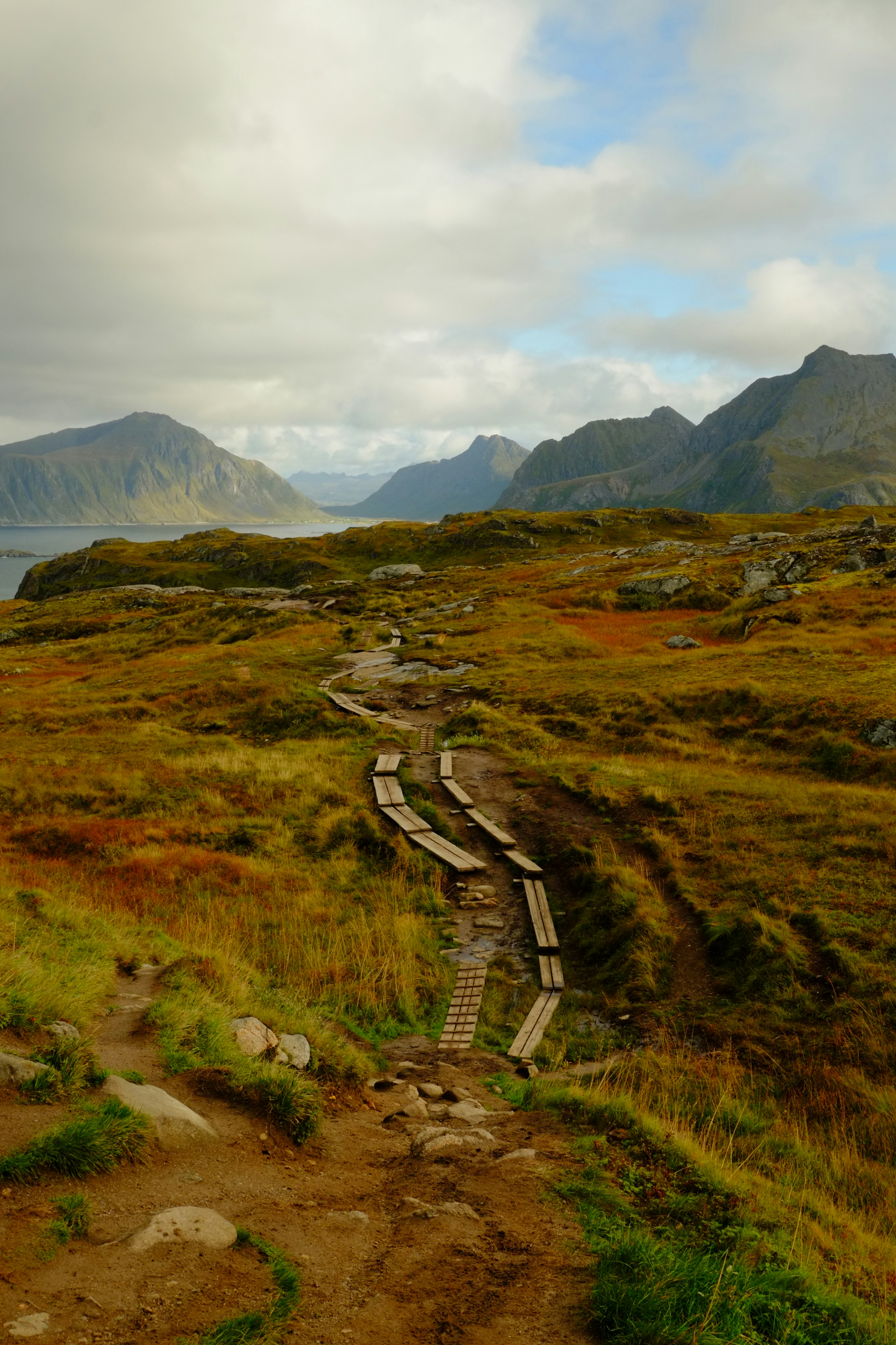 Trail of Weathered Boards Through Moors Toward Distant Fjords