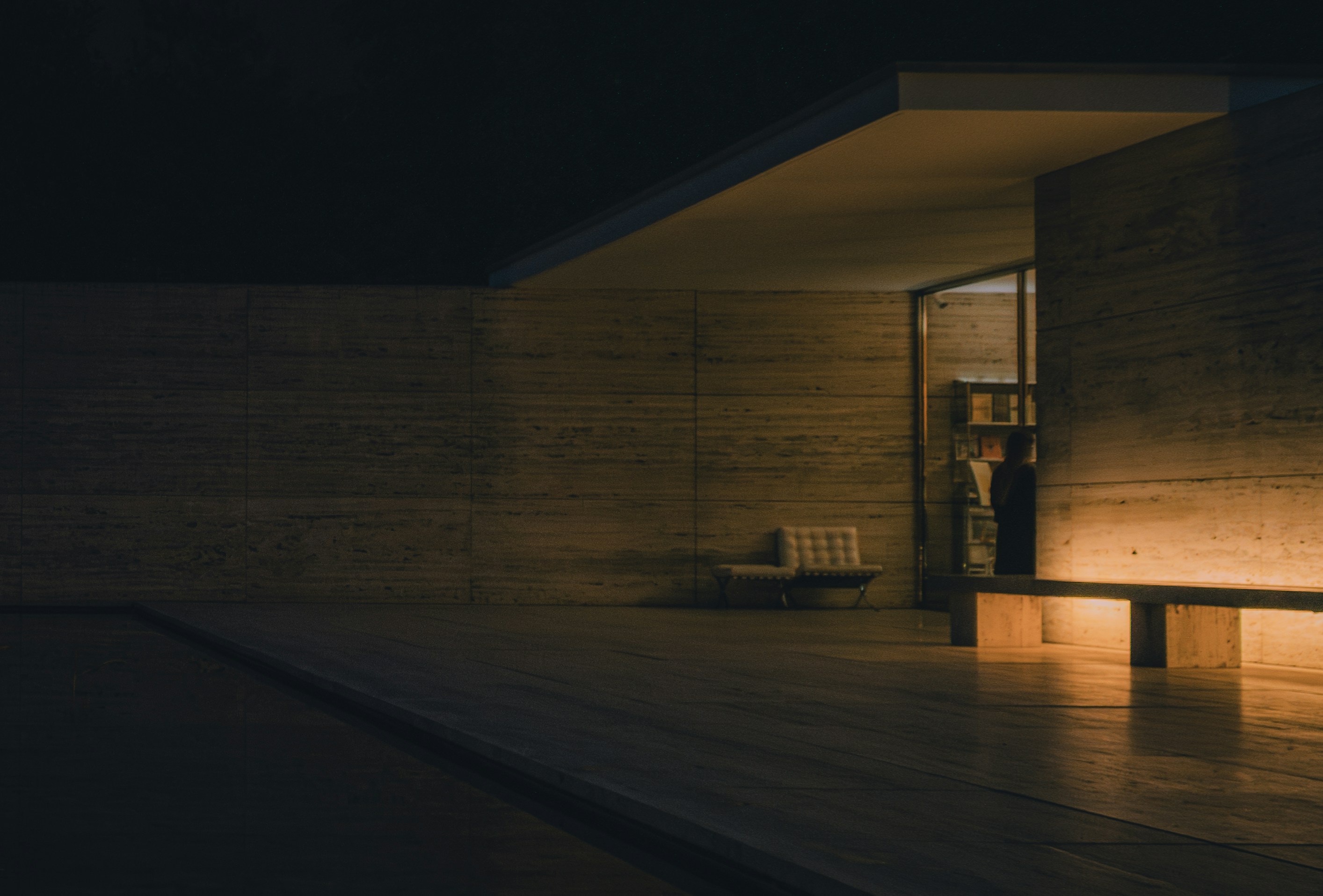 Modern building interior with warm lighting at night