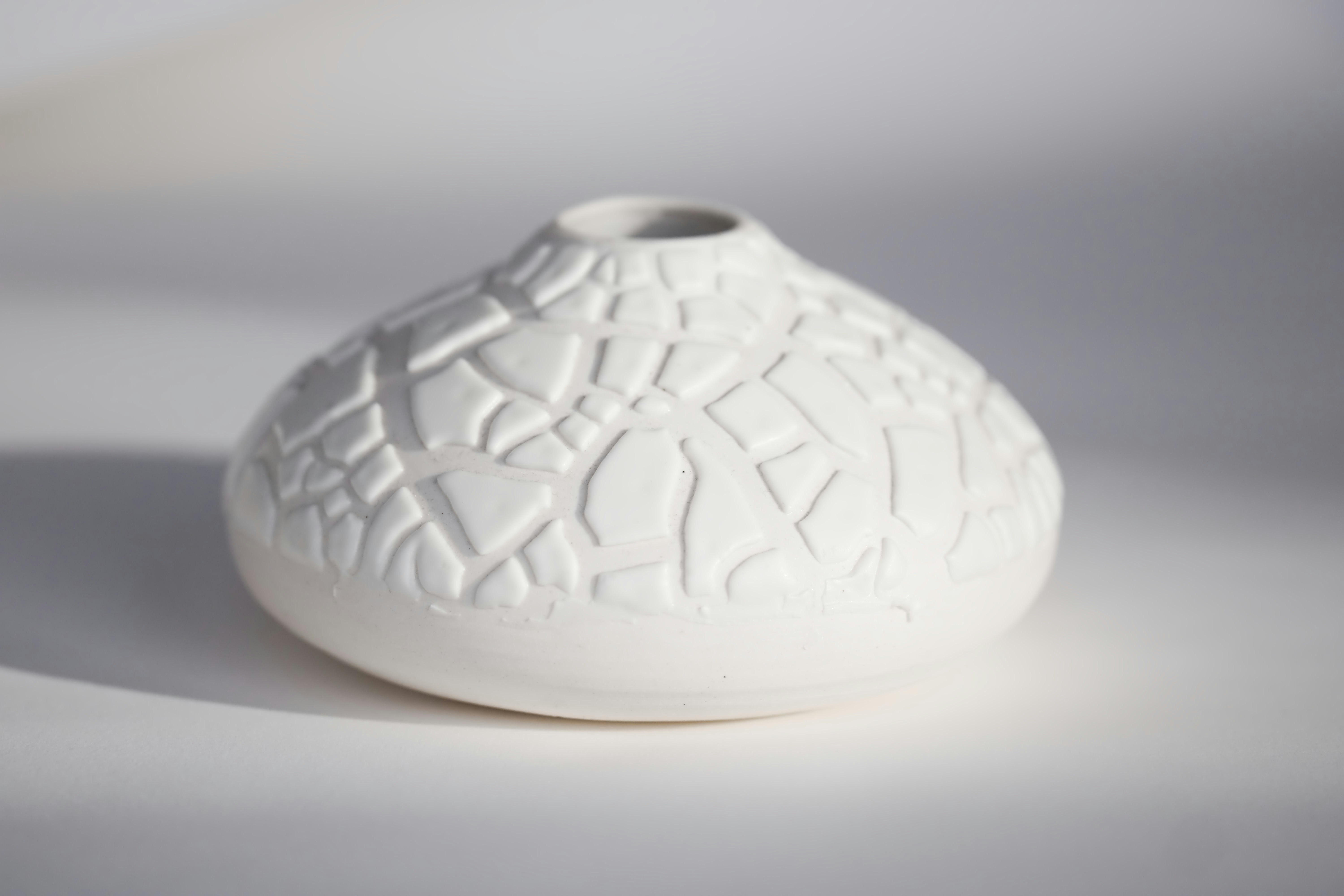 Cracked ceramic pebble: a sculpted white vessel resting under soft shadow