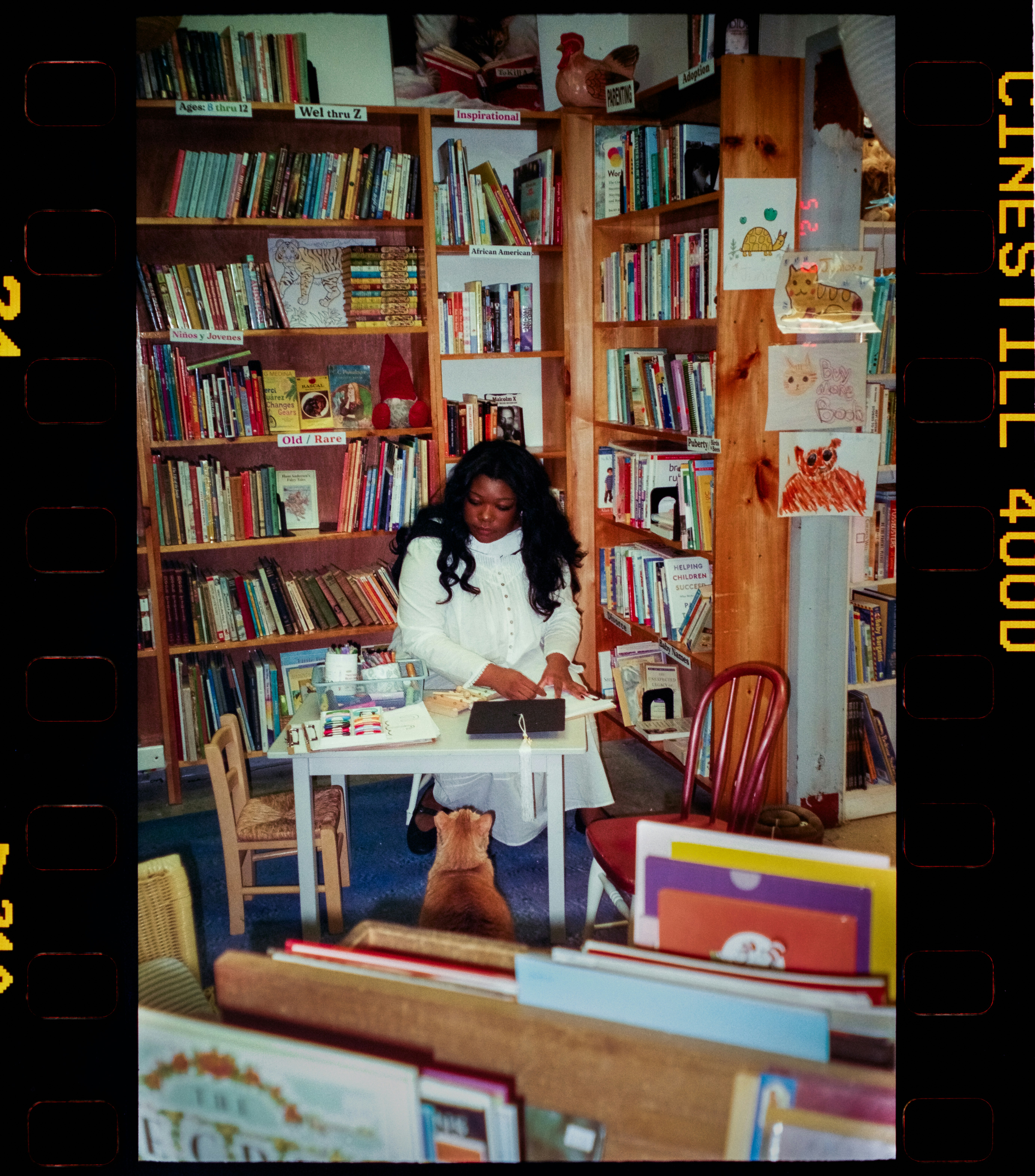 Library Portrait: A Woman at a Tiny Desk Surrounded by Books