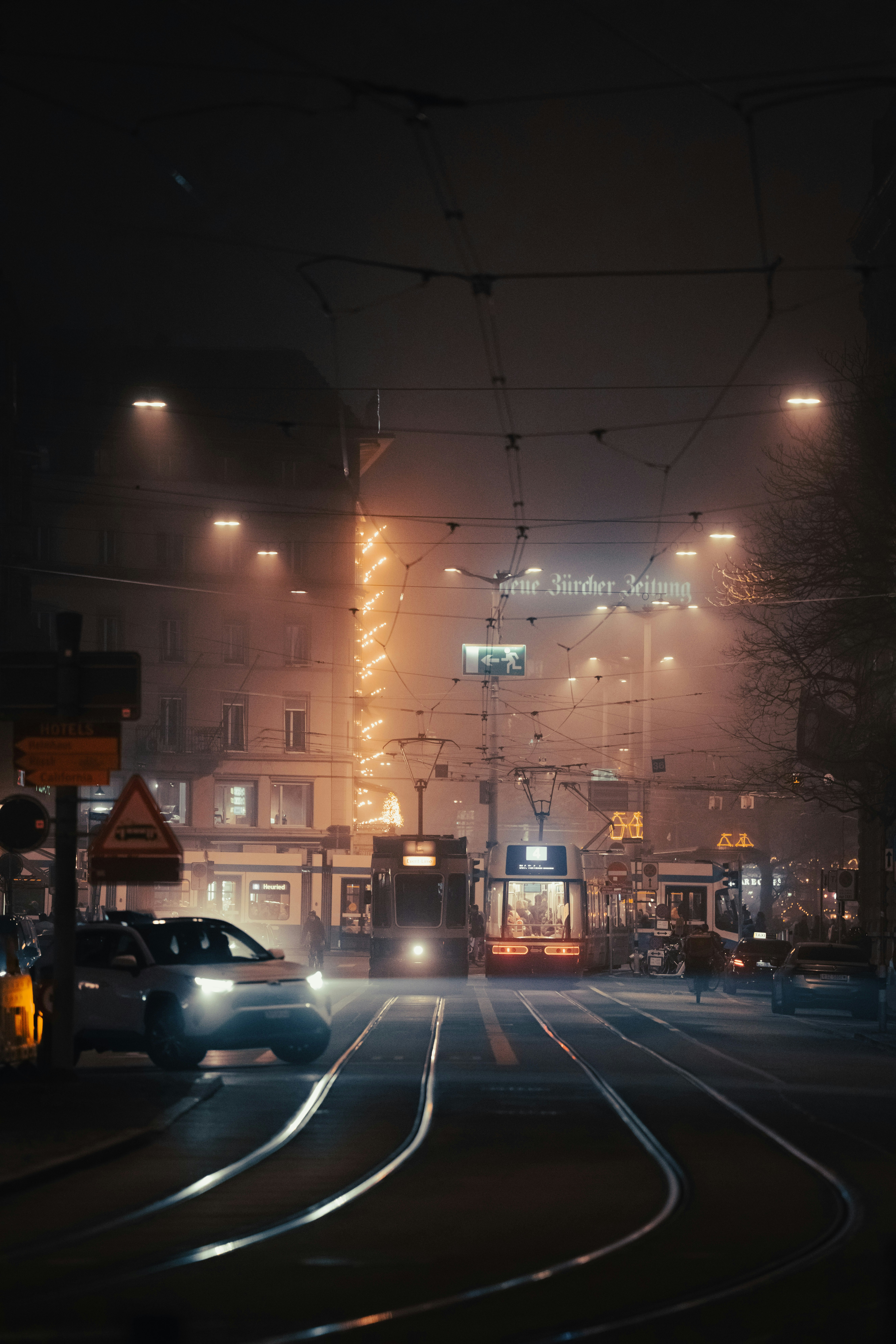 Night Tram in a Quiet City Wake of Neon