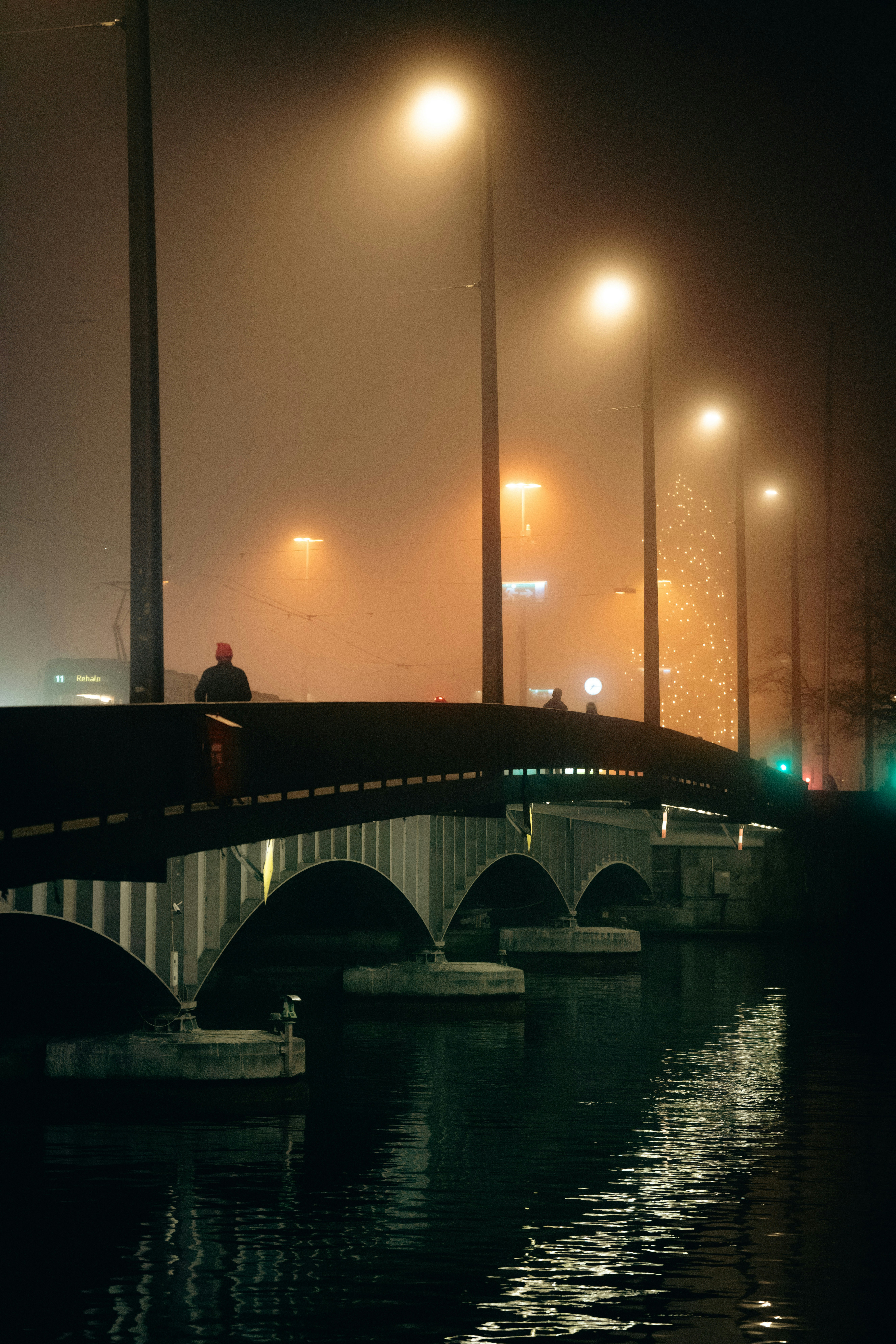 Mist over the Bridge: Neon Lamps and Quiet River Evening