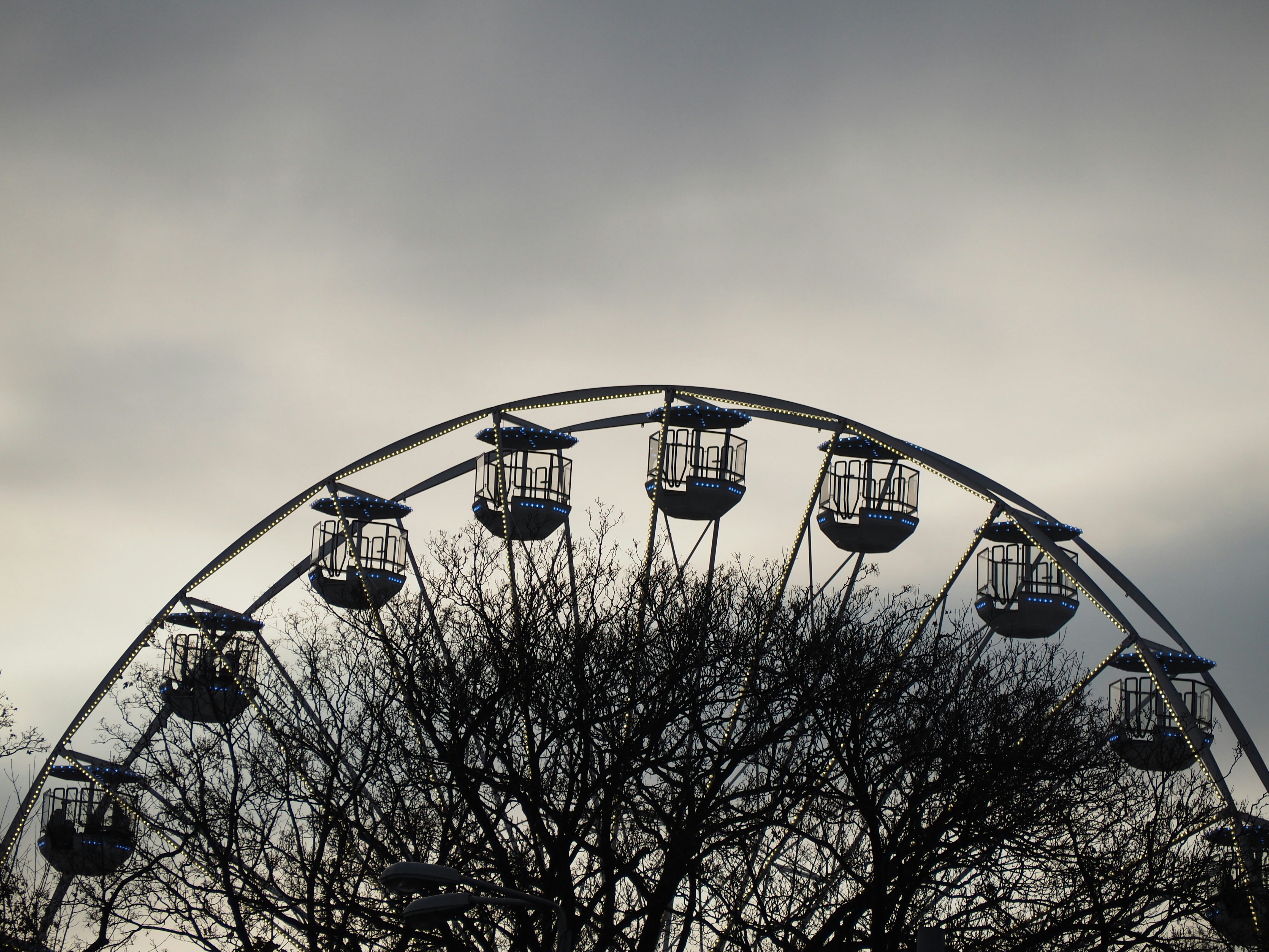 A silhouette of a Ferris wheel rising above leafless winter trees, captured against a soft, overcast sky.