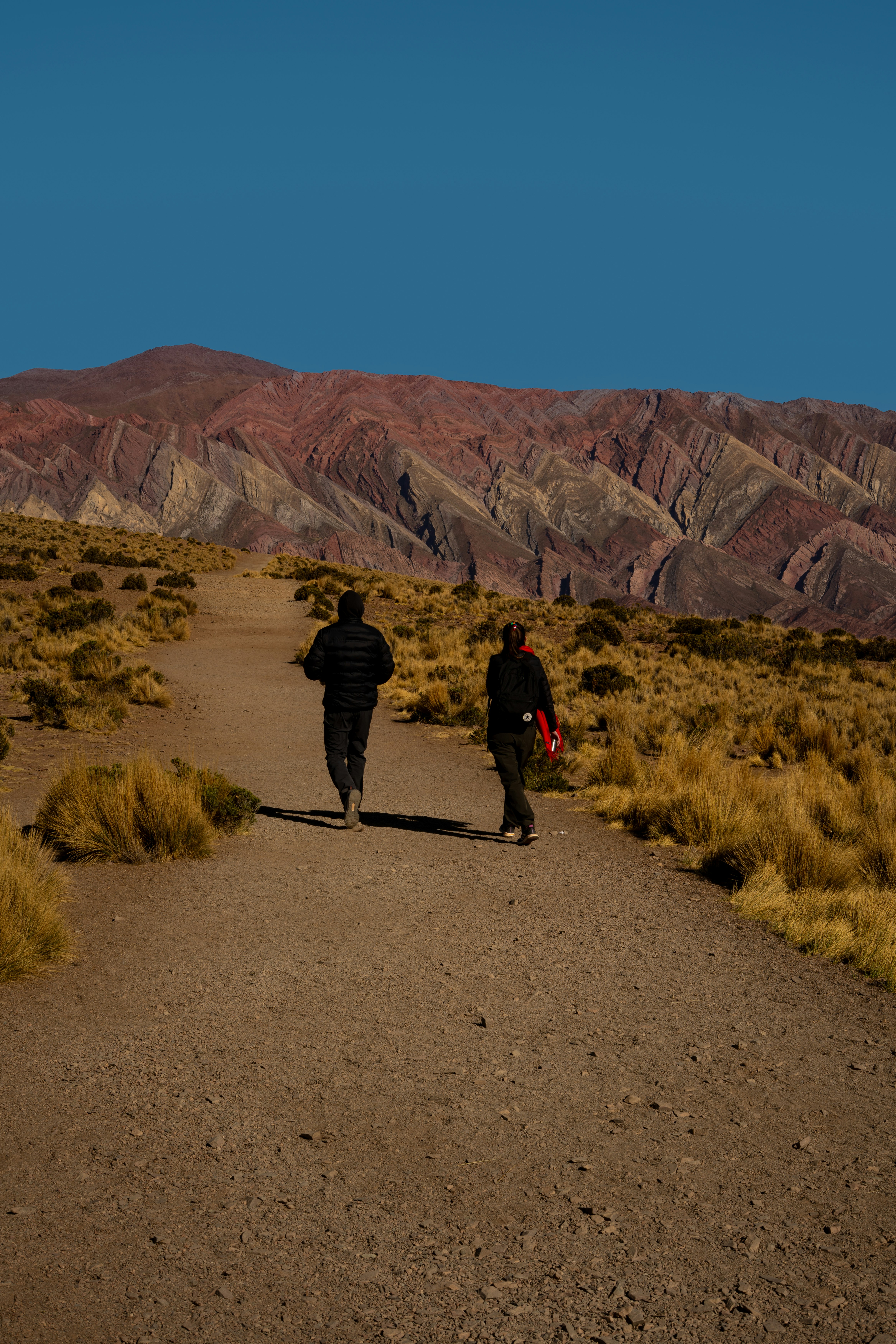 People walking toward a distant mountain ridge, surrounded by open landscapes and soft natural light.