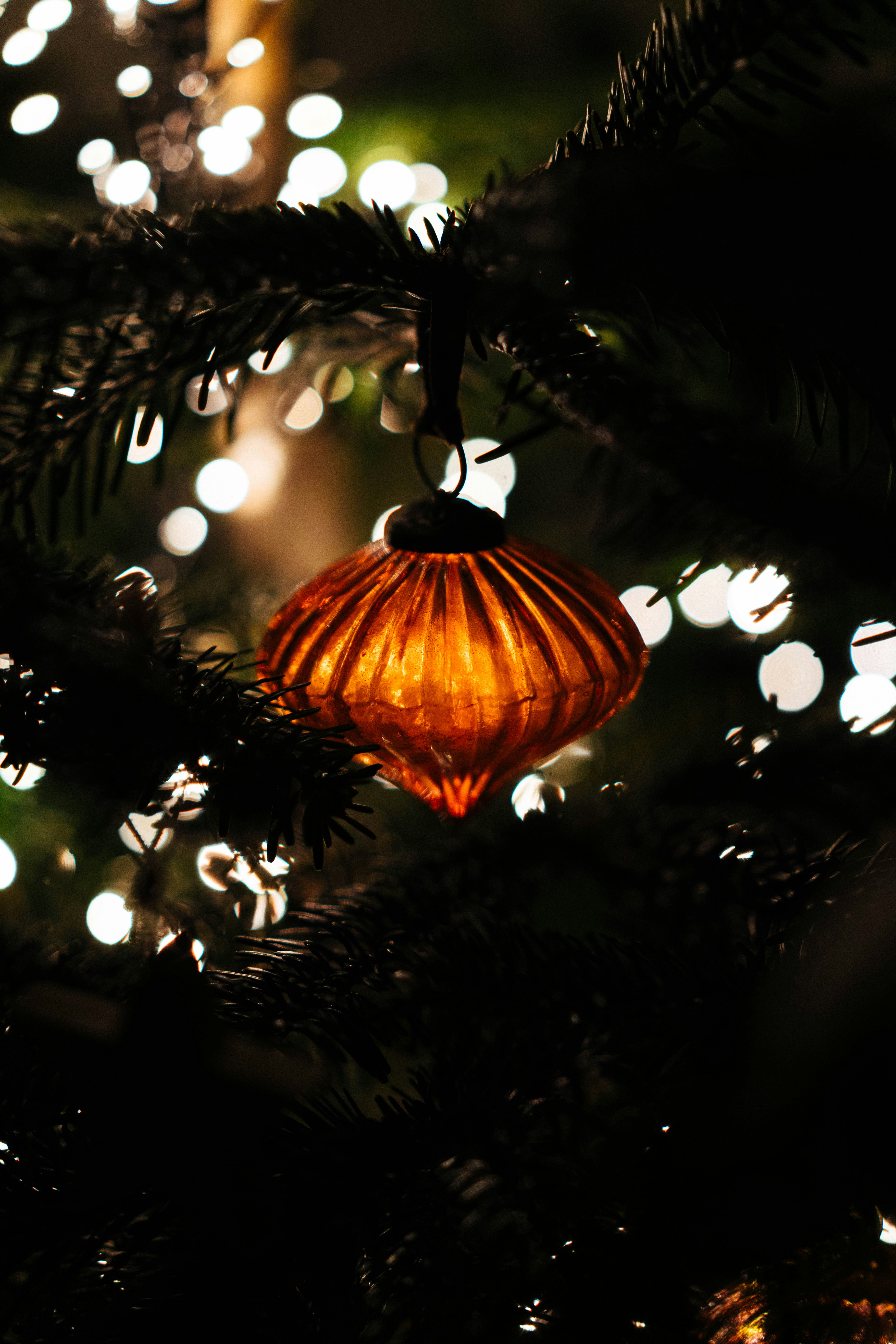 Glowing Ornament Dangles Amid Christmas Lights