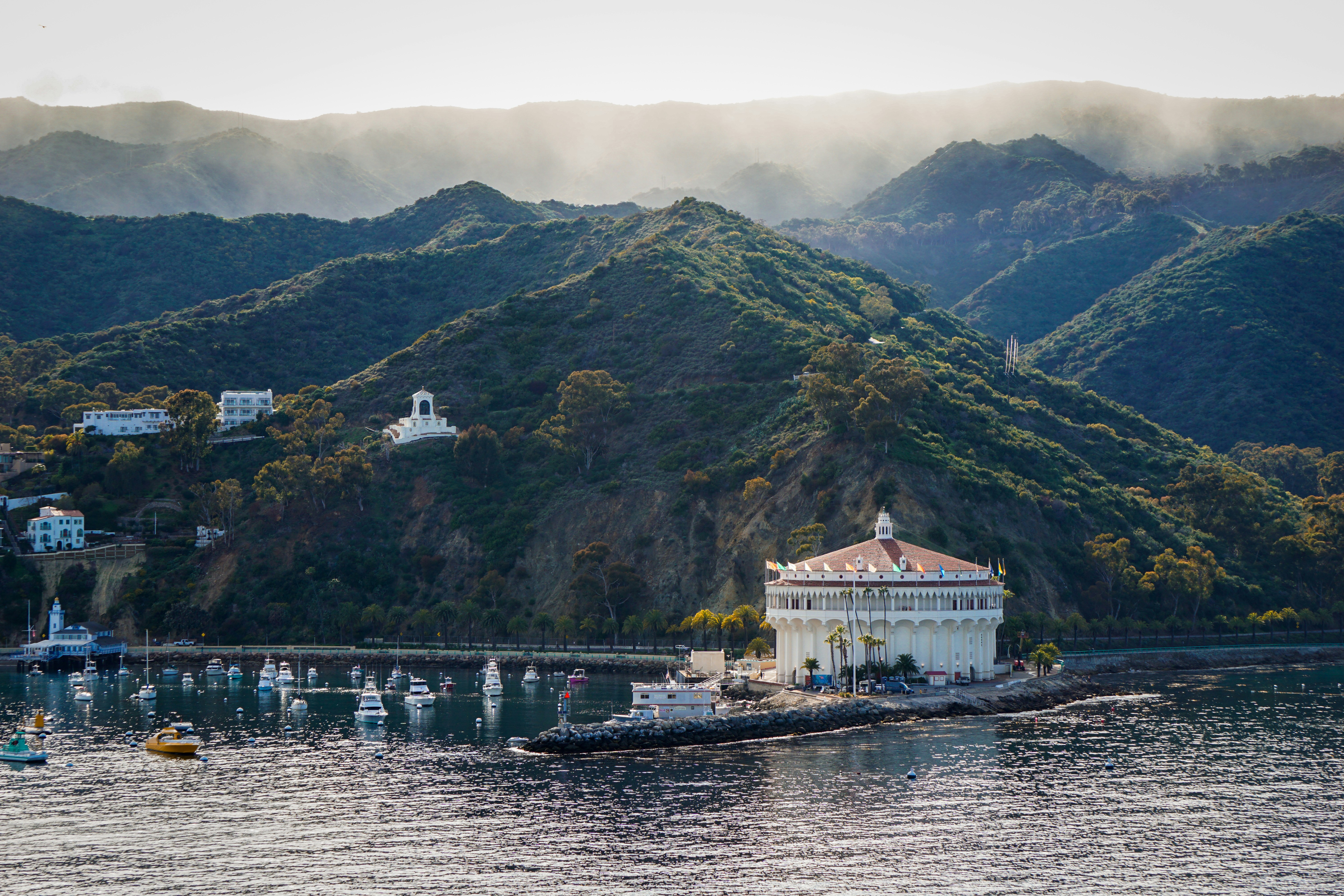 Harbor Pavilion and hillside village basked in morning haze