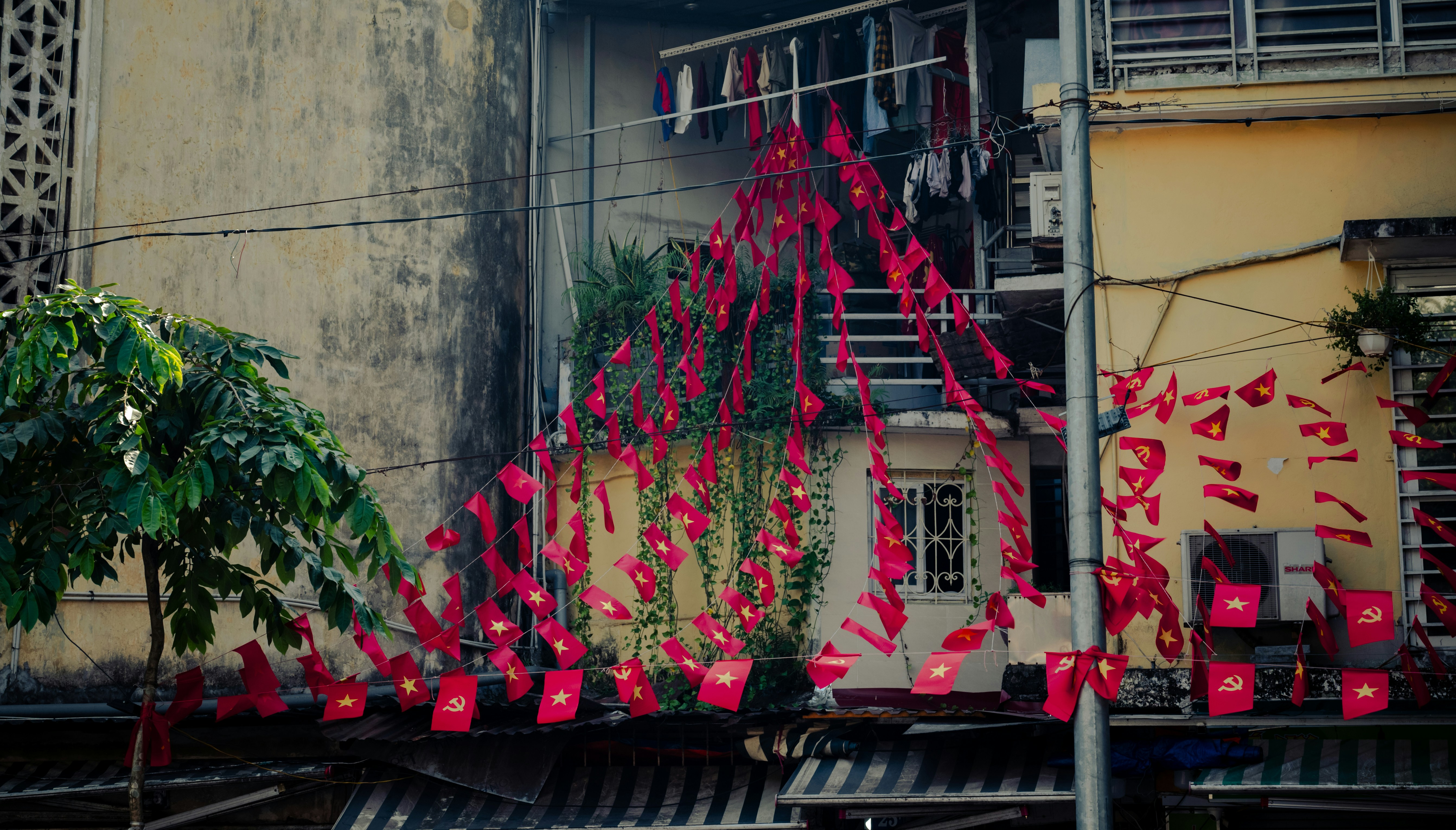 Vibrant Red Garland on a Festive Urban Facade