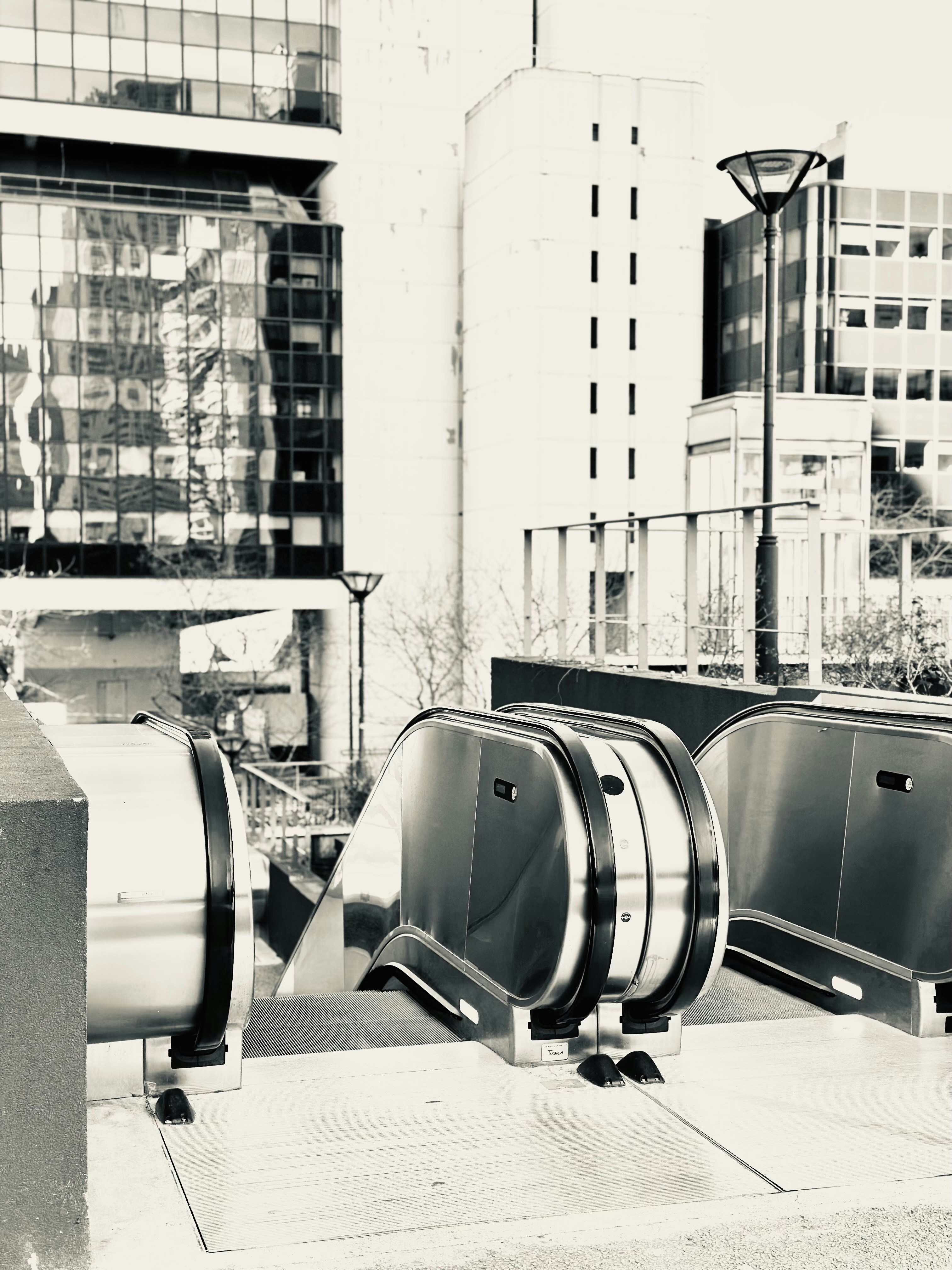 Escalators in monochrome: urban architecture meets transit sculpture