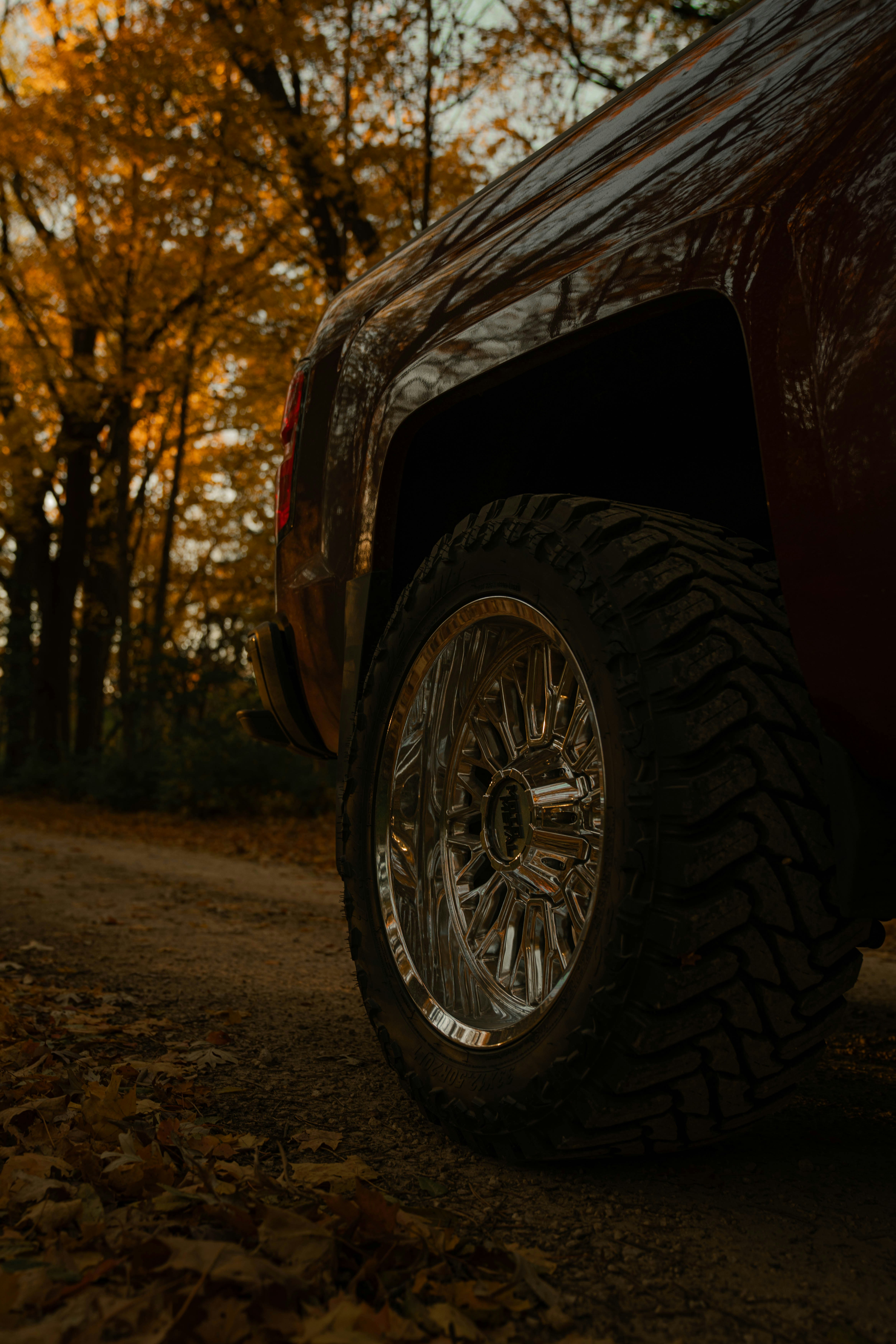 Autumn Ride: A Truck Wheel Bathed in Dappled Forest Light