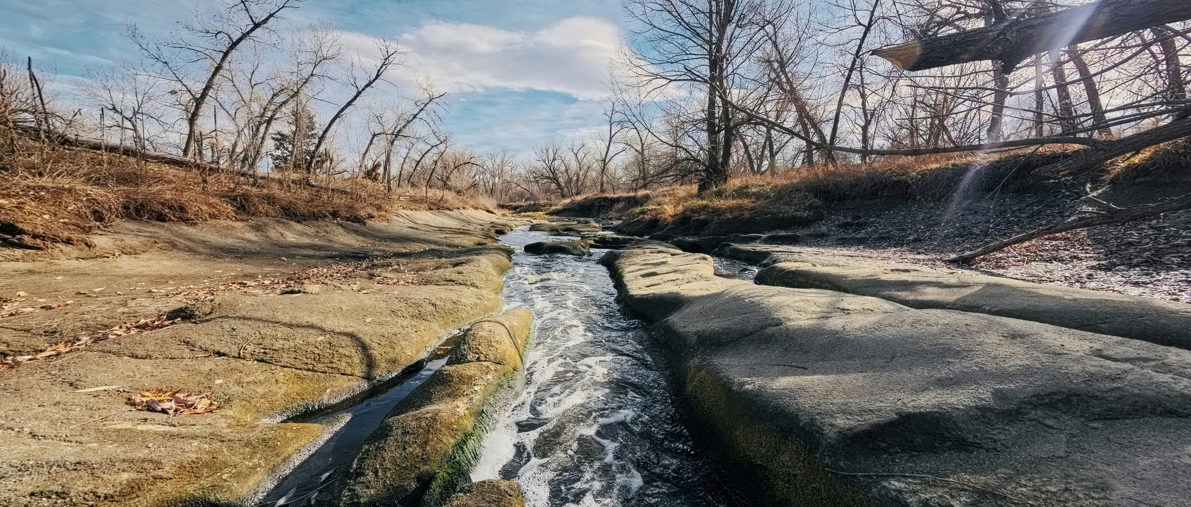 A stream flows through rocky terrain in a forest.