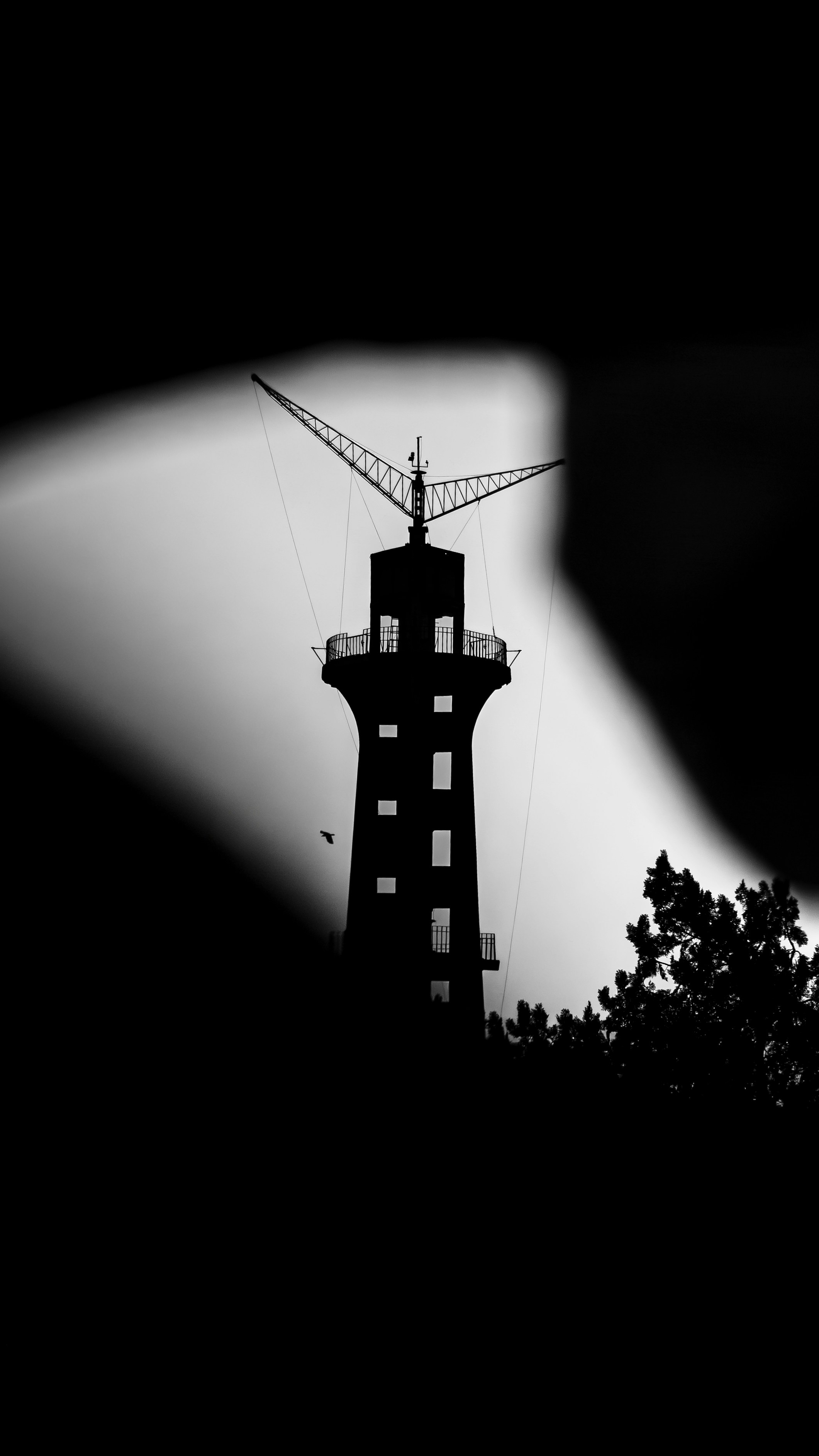 Crane-Crowned tower silhouette against a staged aperture